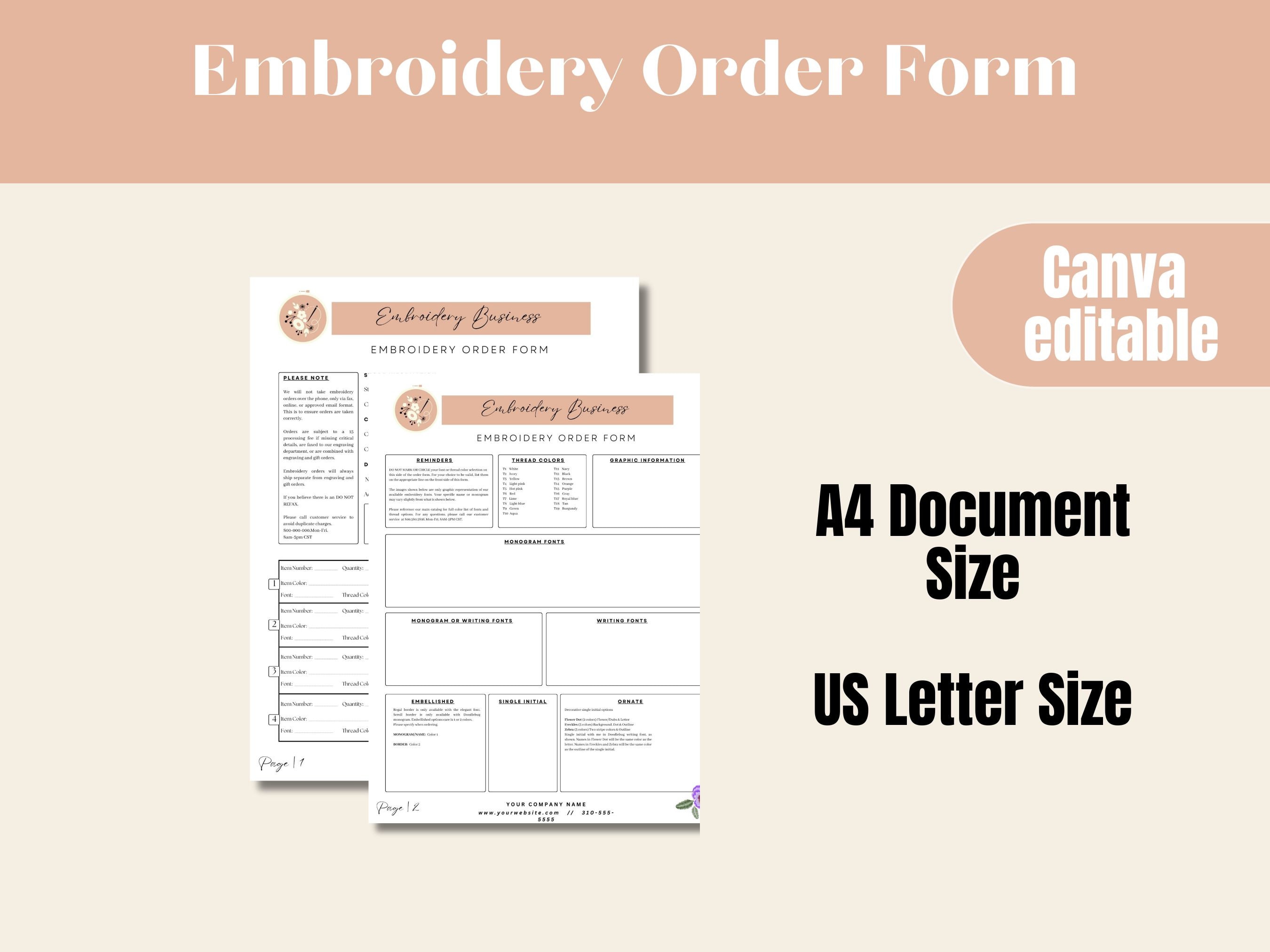 Embroidery Order Form, Small Business Order Form, Embroidery, Canva ...