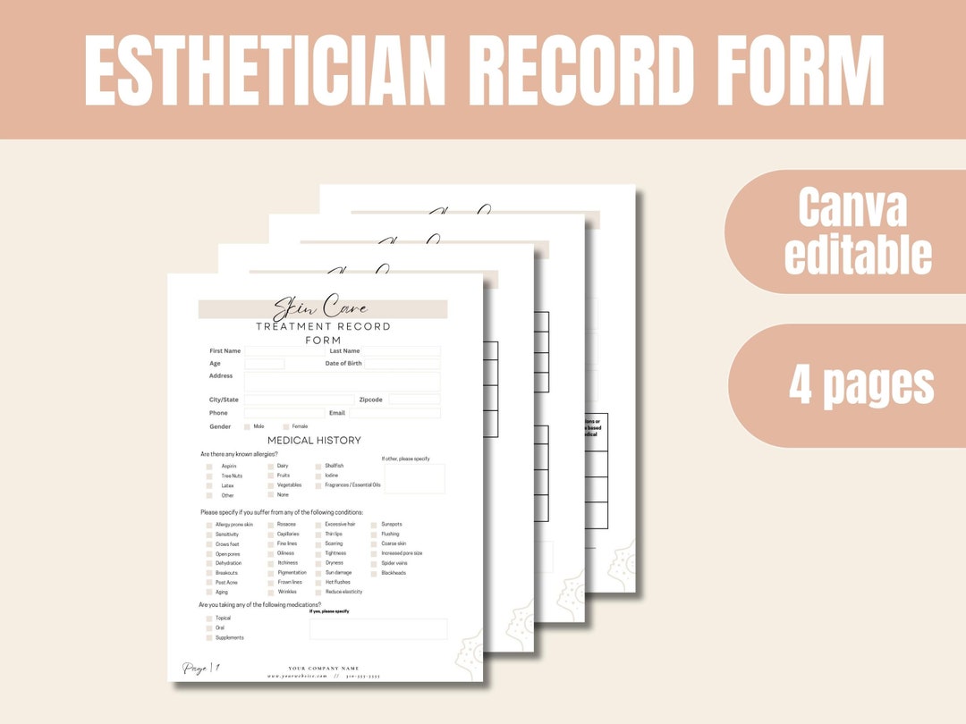 Esthetician Record Form- Patient Record, Skin Care, Treatment Record ...