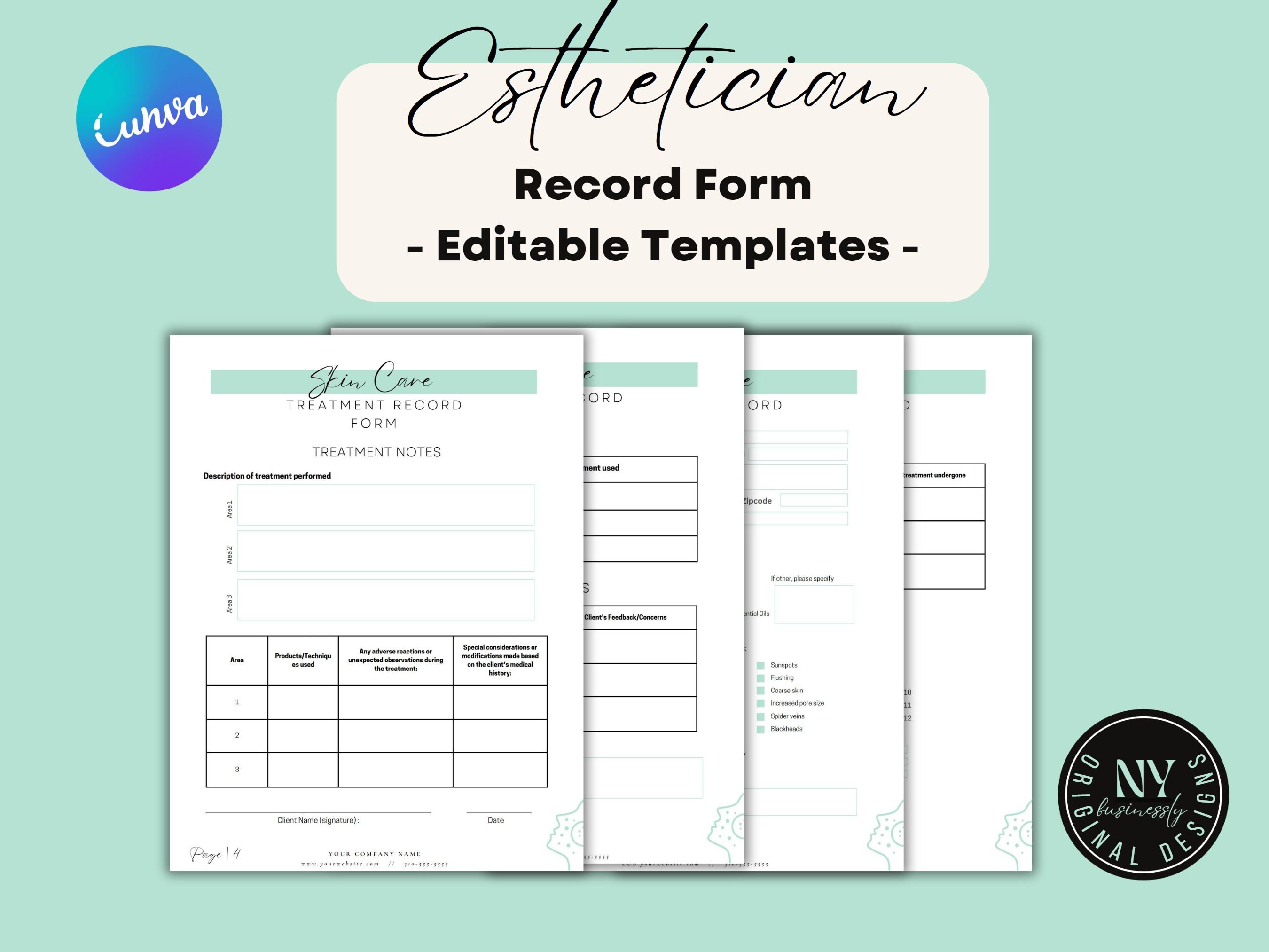 Esthetician Record Form Patient Record Skin Care Treatment - Etsy