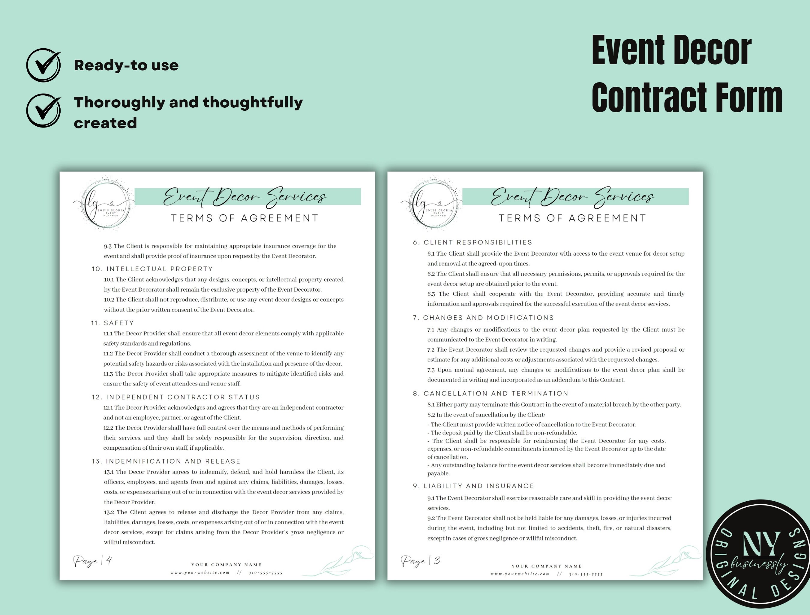 Event Decor Contract Form - Event Planner, Event Agreement, Service ...
