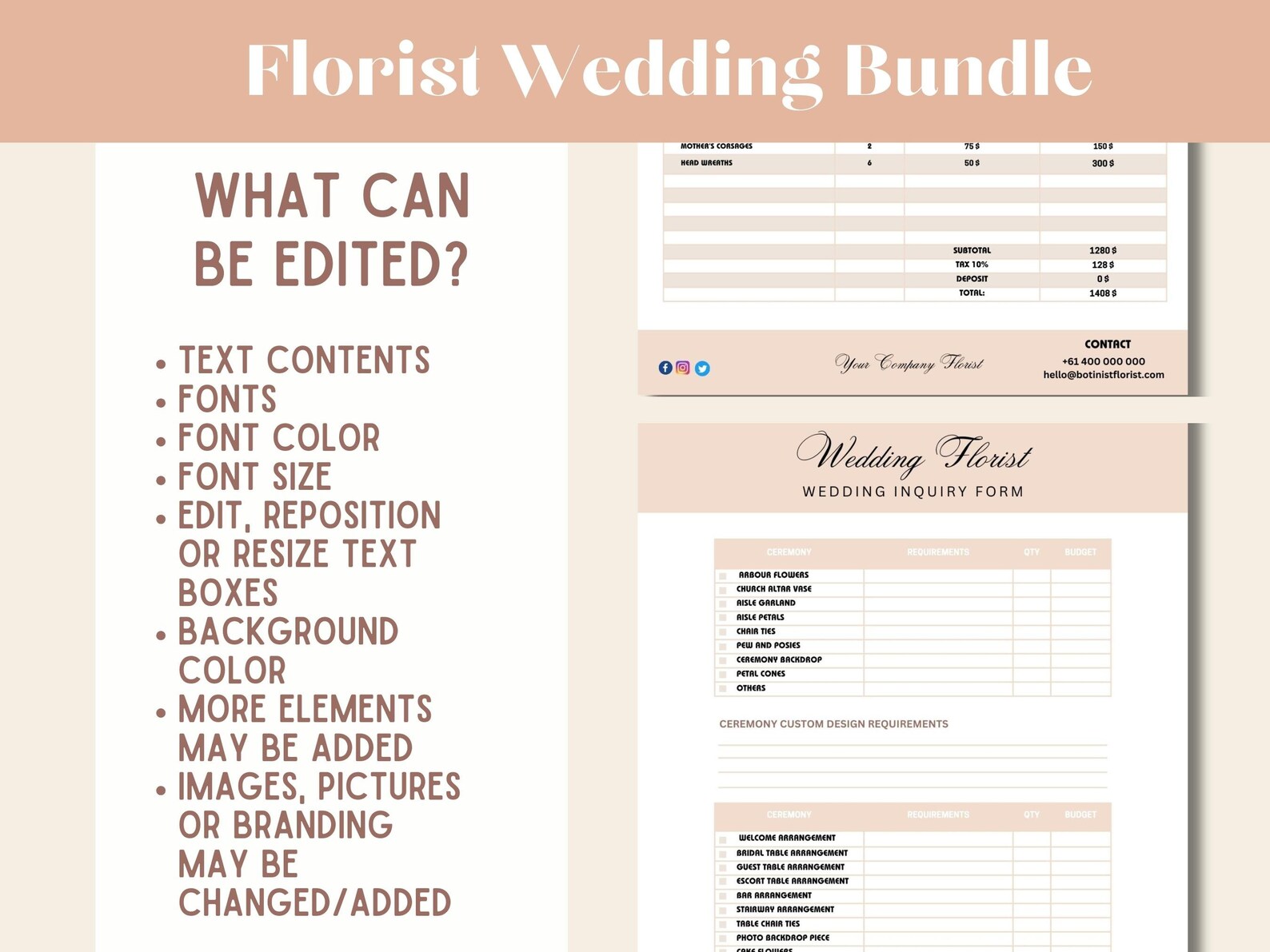 Florist Wedding Bundle - Wedding Order Form, Florist Client Form, Canva ...