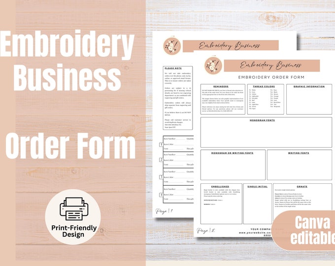Embroidery Order Form, Small Business Order Form, Embroidery, Canva ...