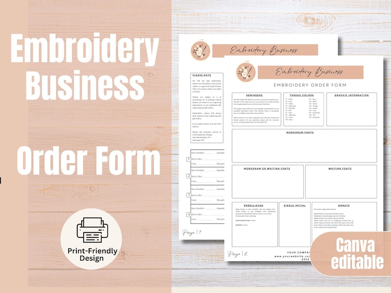 Embroidery Order Form, Small Business Order Form, Embroidery, Canva ...
