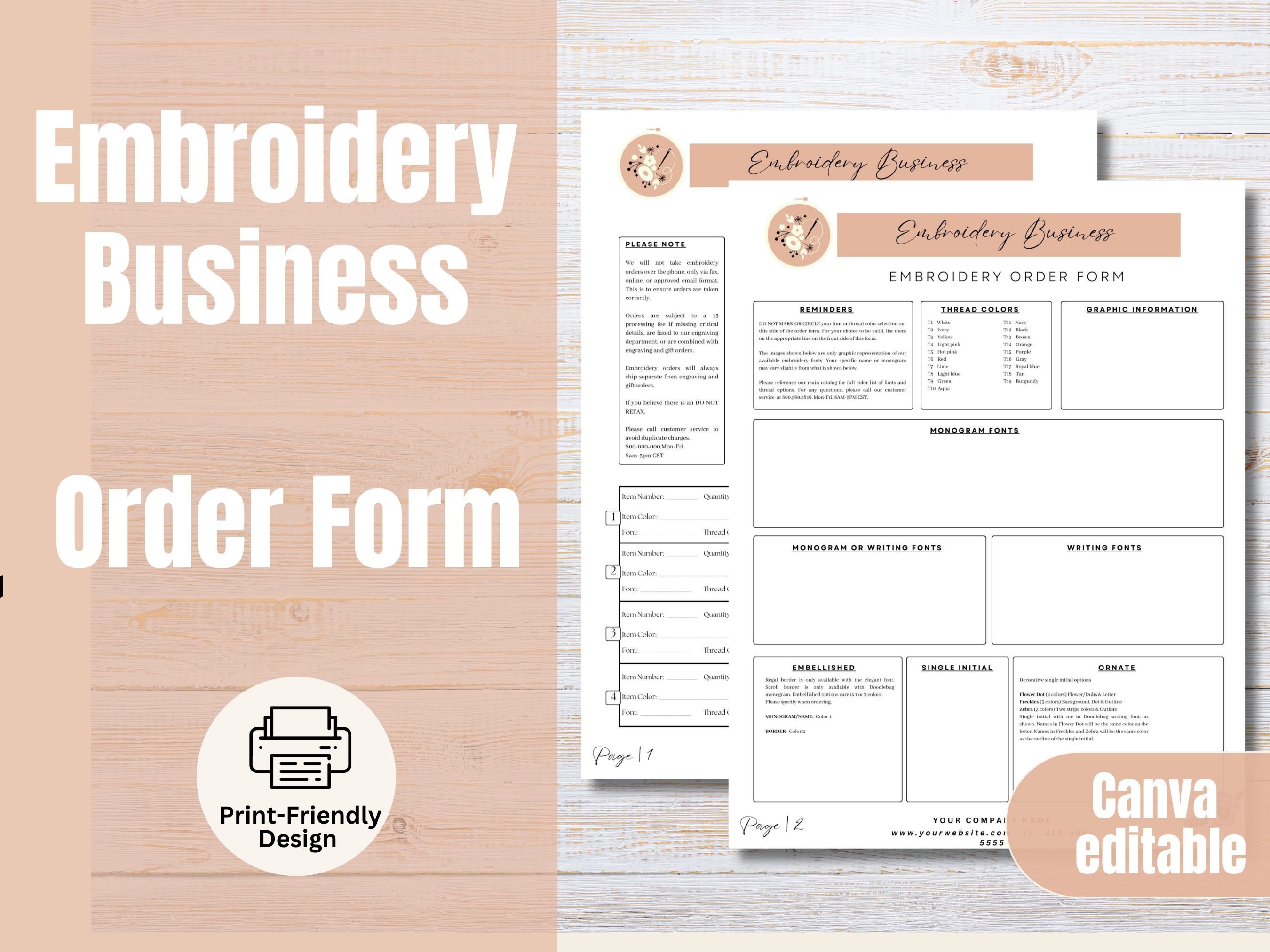 Embroidery Order Form, Small Business Order Form, Embroidery, Canva ...