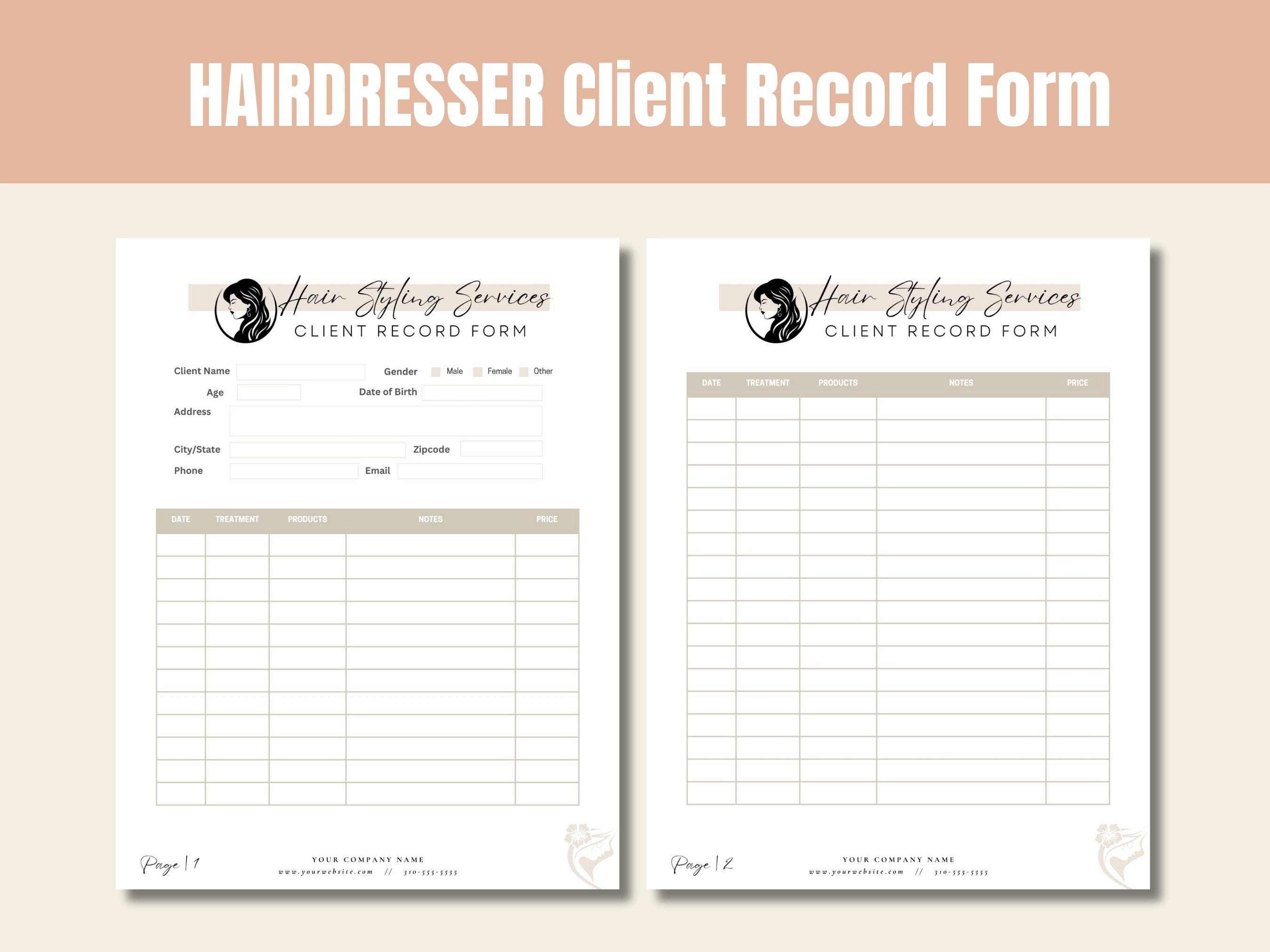 Hairdresser Client Record Form- Liability Form, Pre-treatment ...
