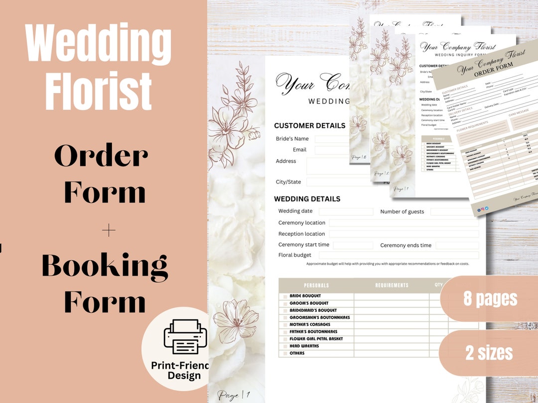 Florist Wedding Booking Form - Wedding Order Form, Florist Client Form ...
