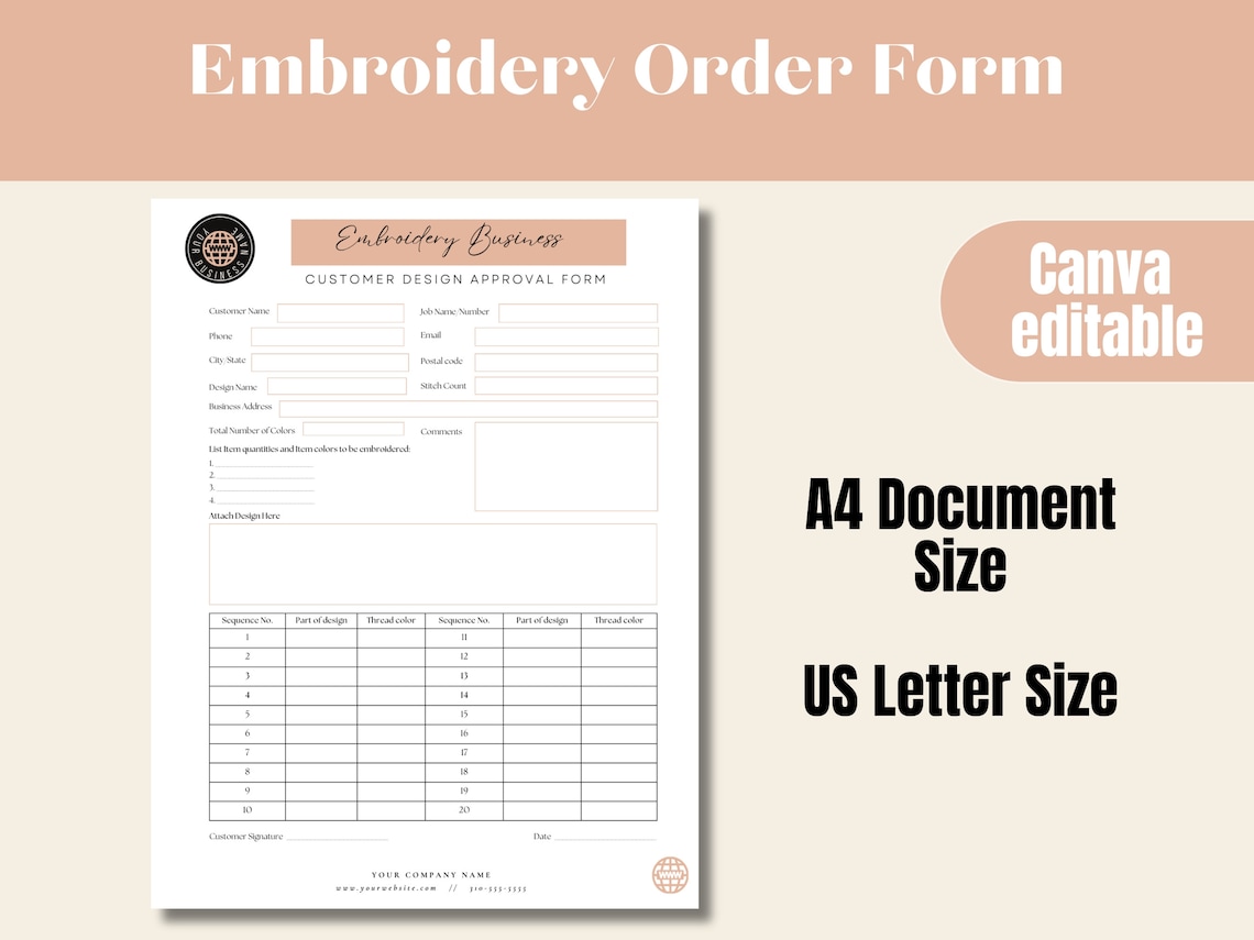 Embroidery Business Customer Design Approval Form, Canva Template ...