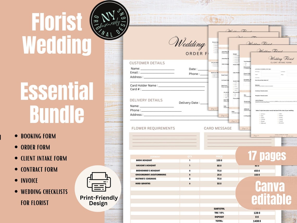Florist Wedding Bundle - Wedding Order Form, Florist Client Form, Canva ...