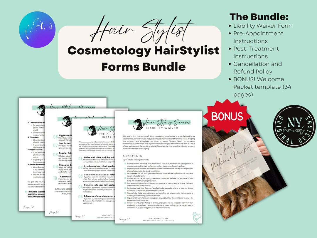 Hair Styling Forms Bundle- Liability Form, Pre-treatment, Liability Waiver, Consent Forms ...