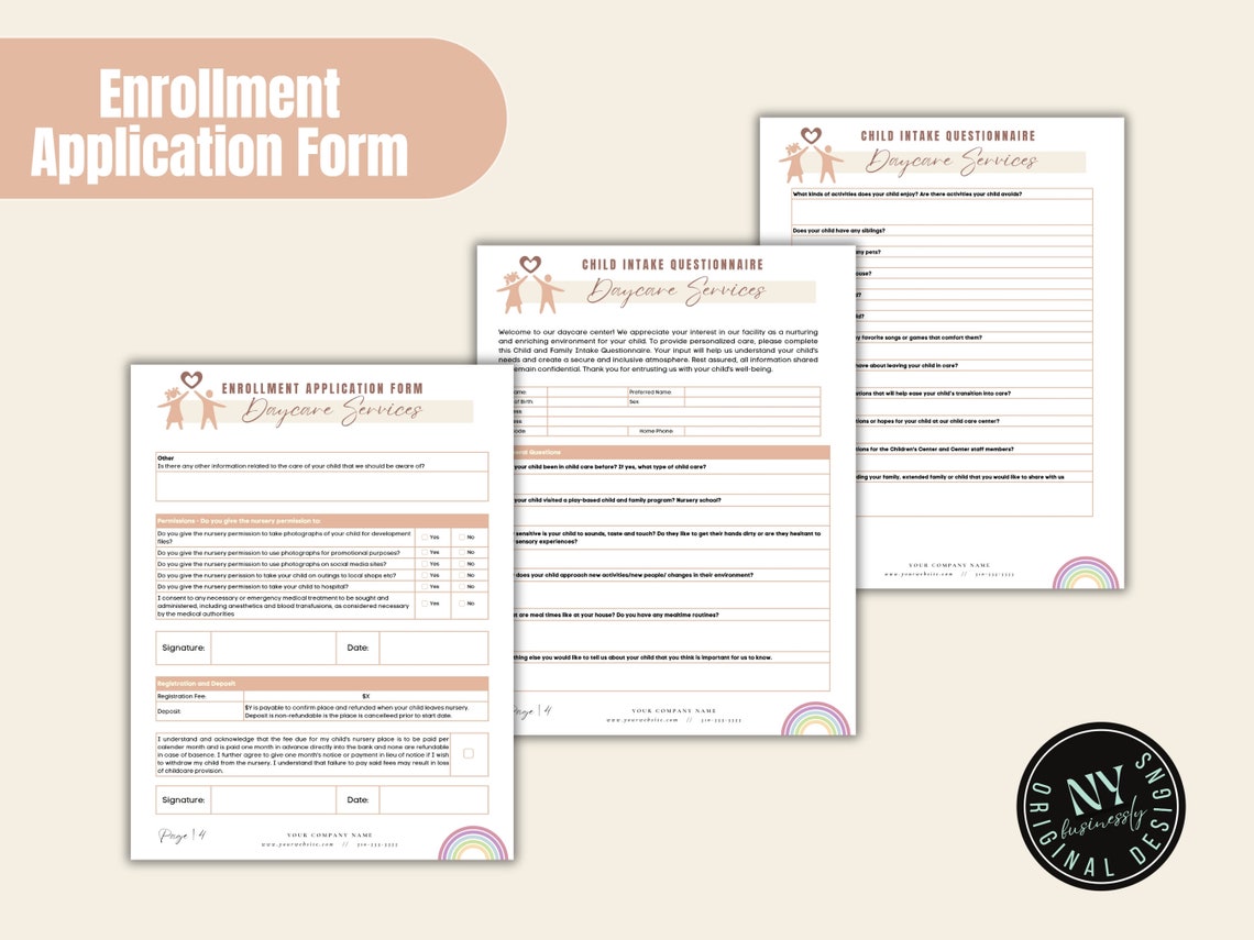 Daycare Enrollment Form- Daycare, Child Intake Form, Daycare Contract ...