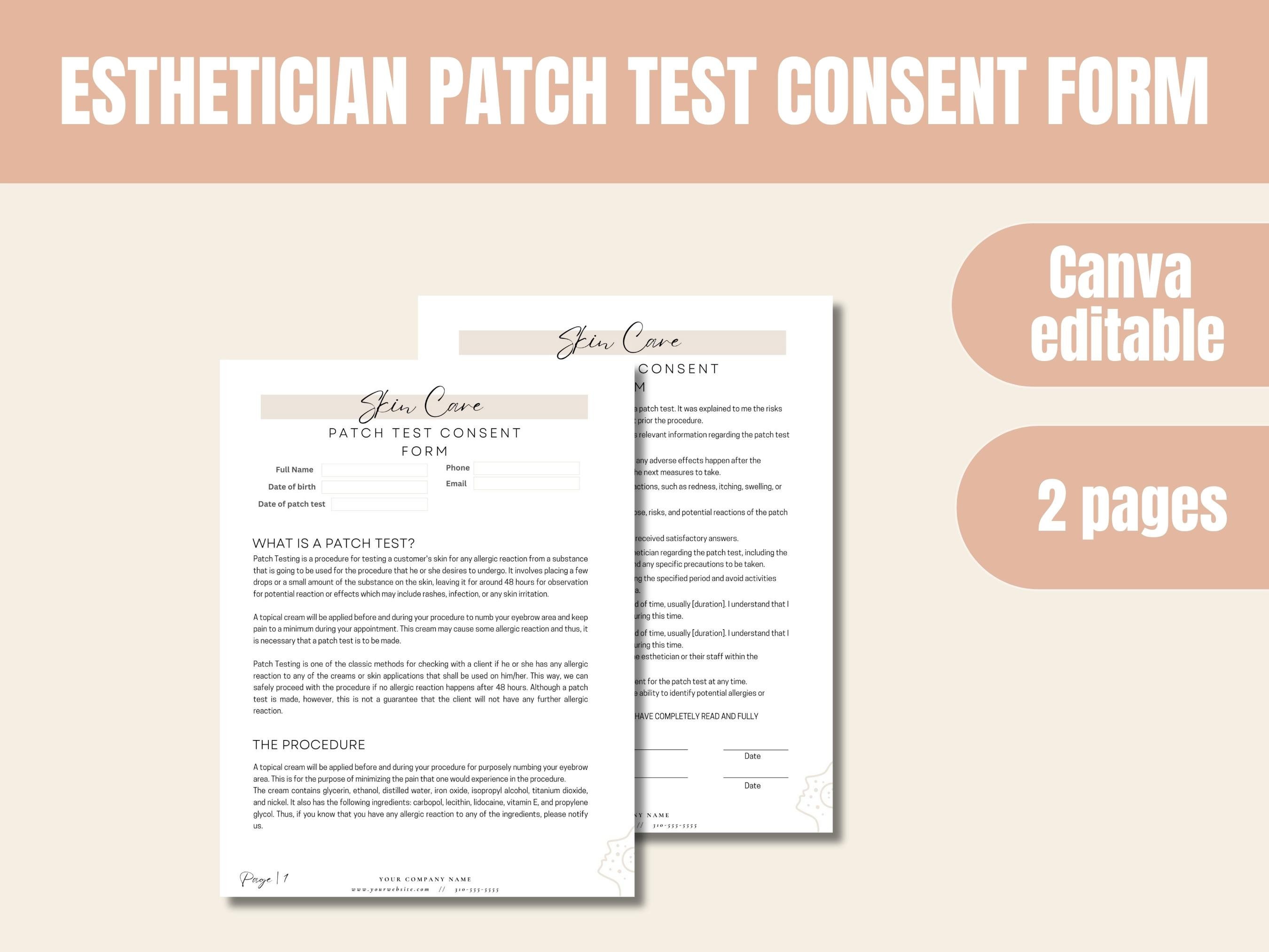 Esthetician Patch Test Consent Form- Skin Care, Treatment Record ...
