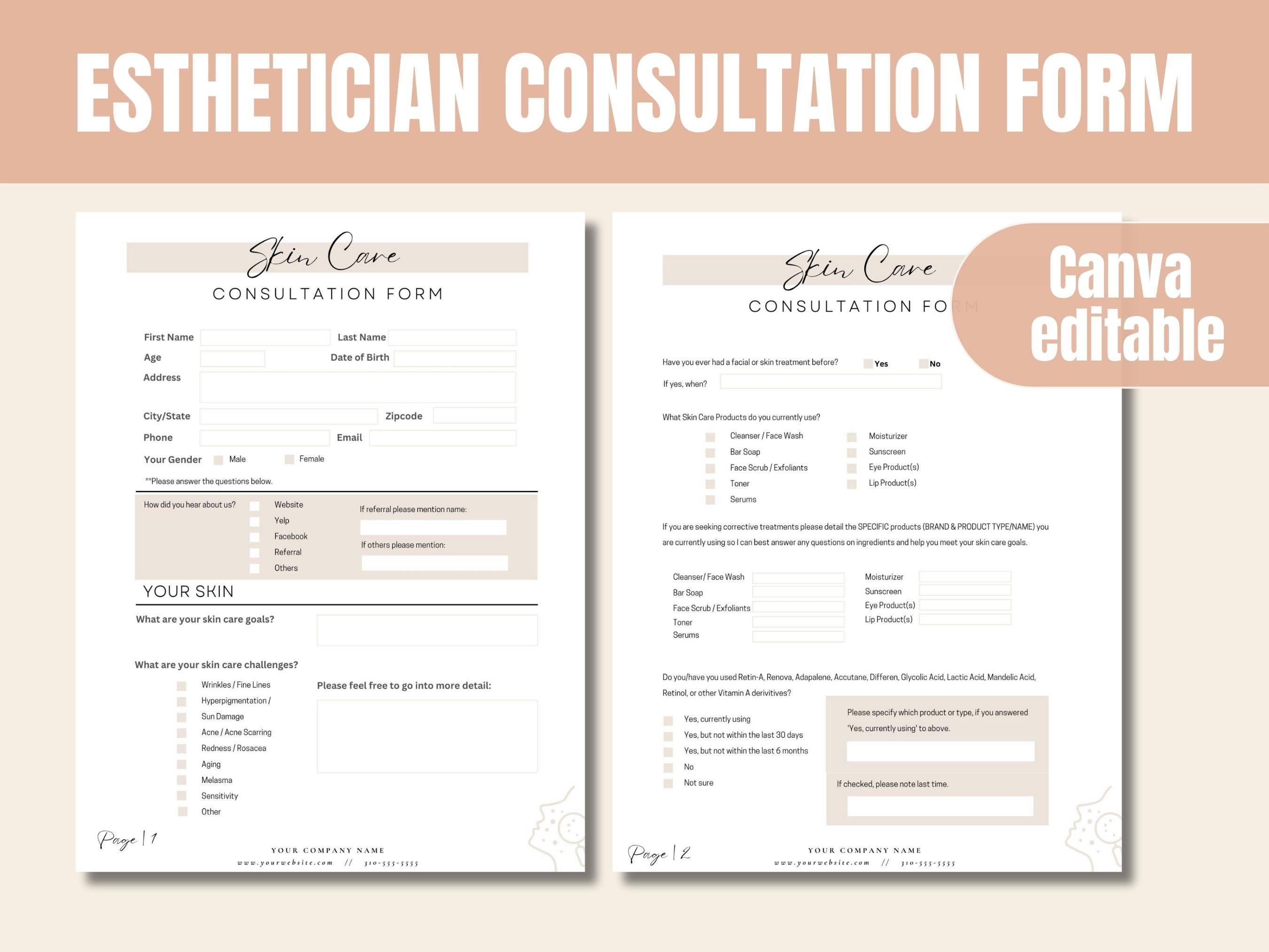 Esthetician Consultation Form- Skin Care, Treatment Record, Aftercare ...