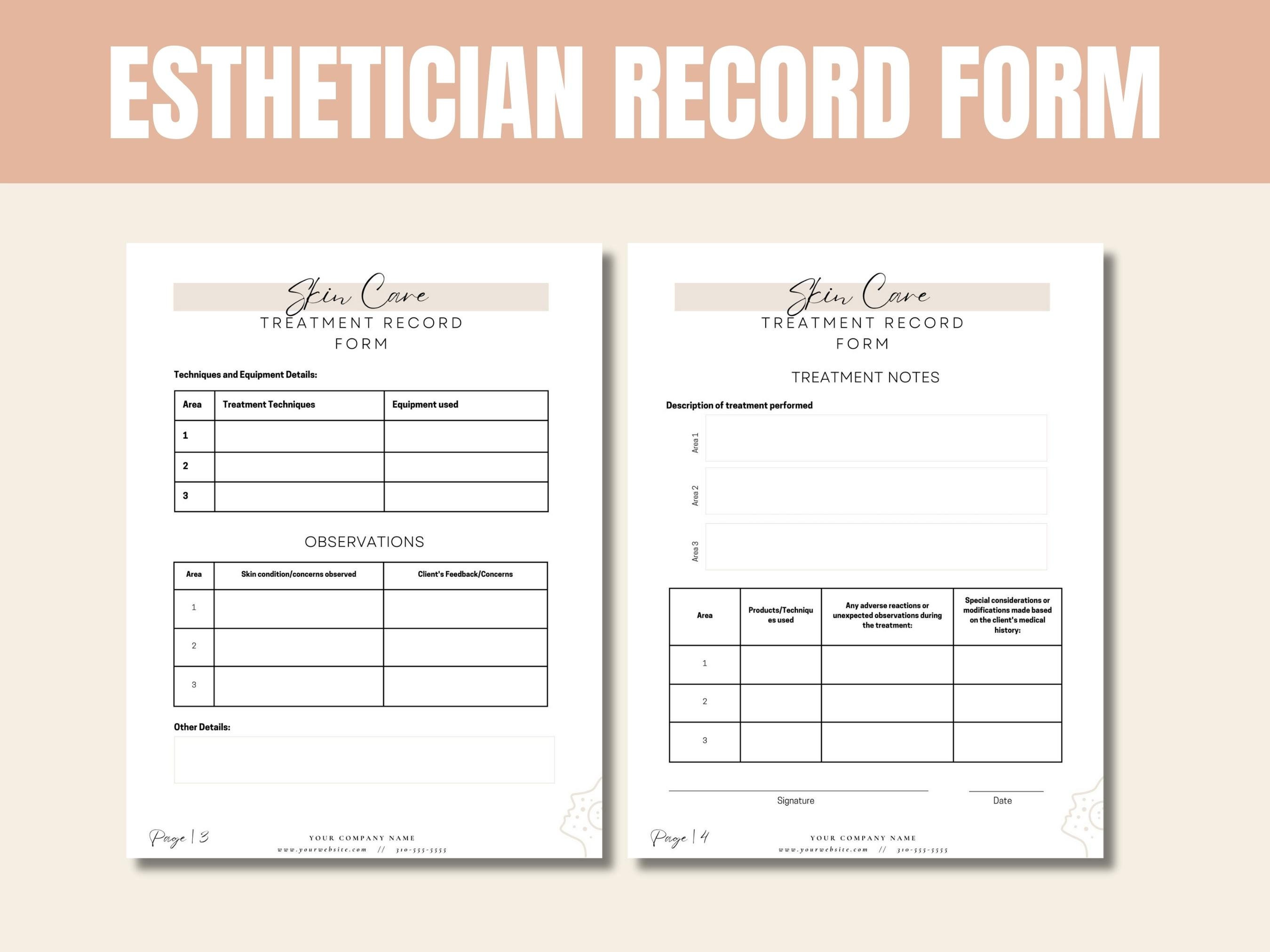 Esthetician Record Form- Patient Record, Skin Care, Treatment Record ...