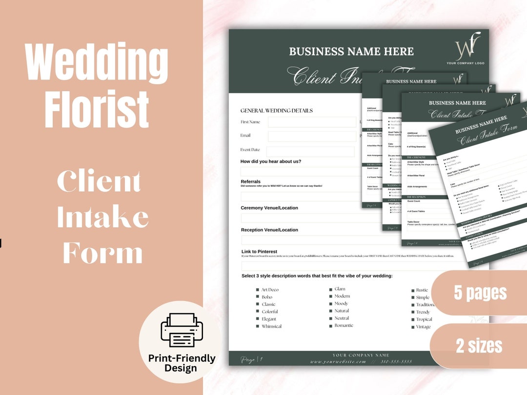 Florist Wedding Client Intake - Wedding Order Form, Florist Client Form ...