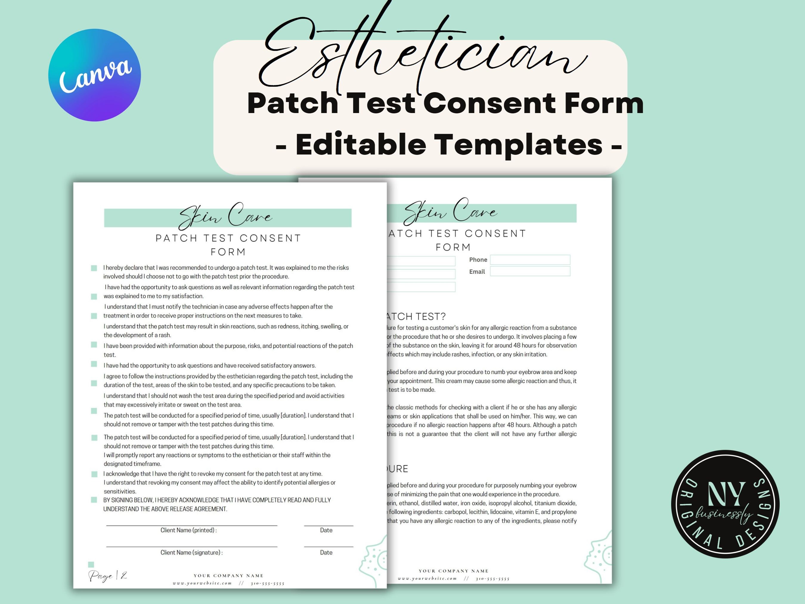 Esthetician Patch Test Consent Form Skin Care Treatment - Etsy