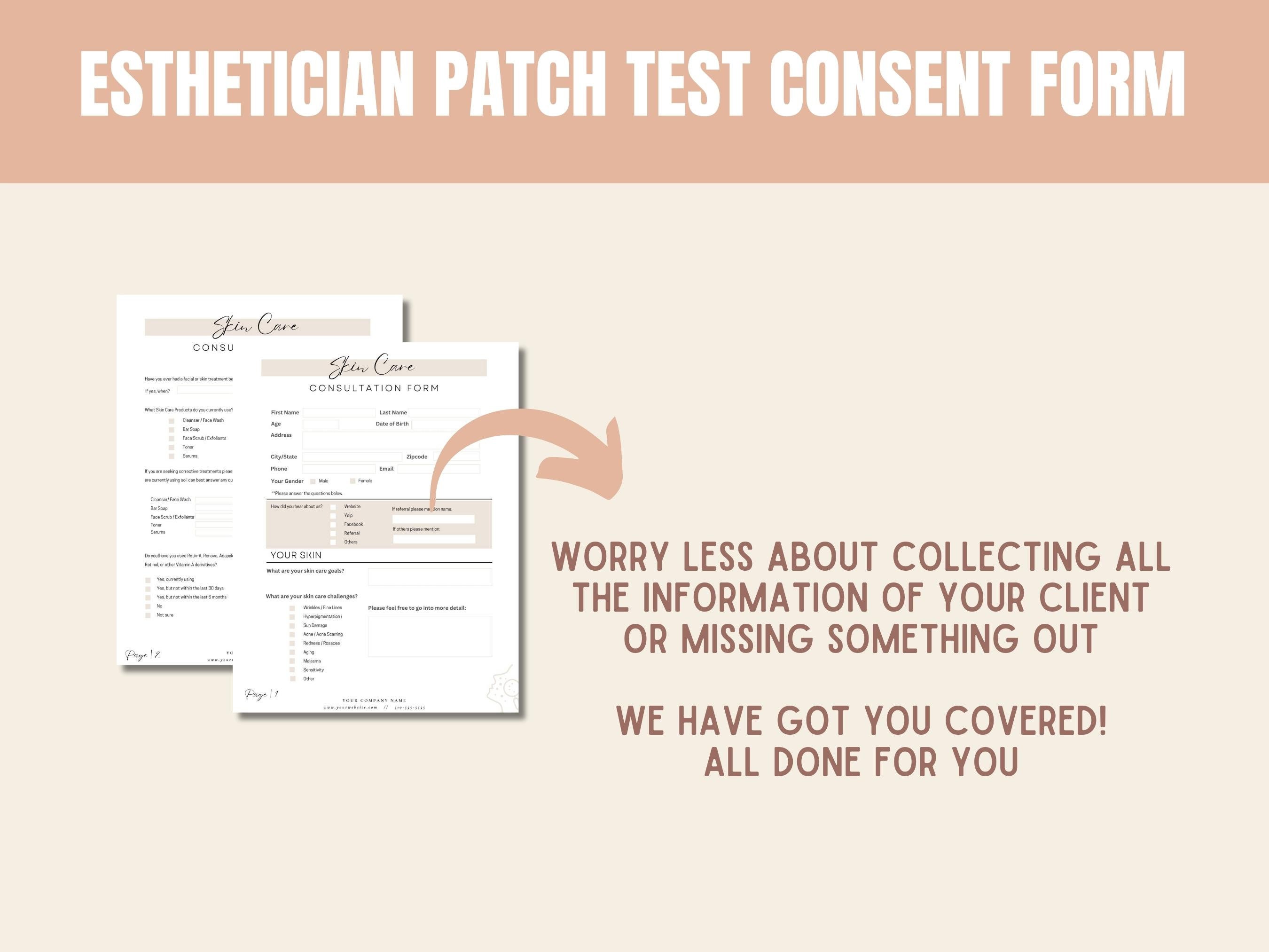 Esthetician Patch Test Consent Form- Skin Care, Treatment Record ...