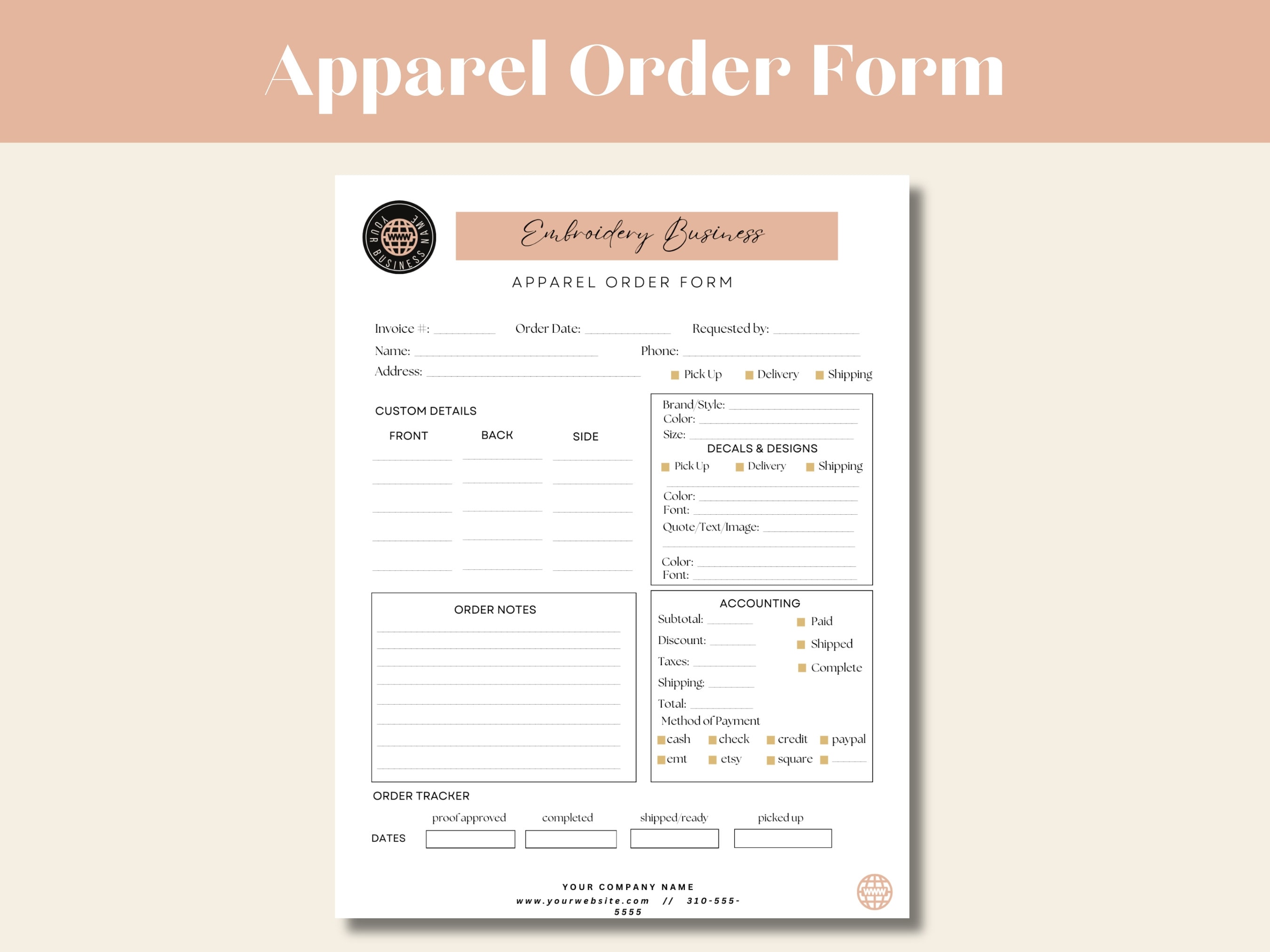 Embroidery Business Apparel Order Form, Small Business Order Form ...