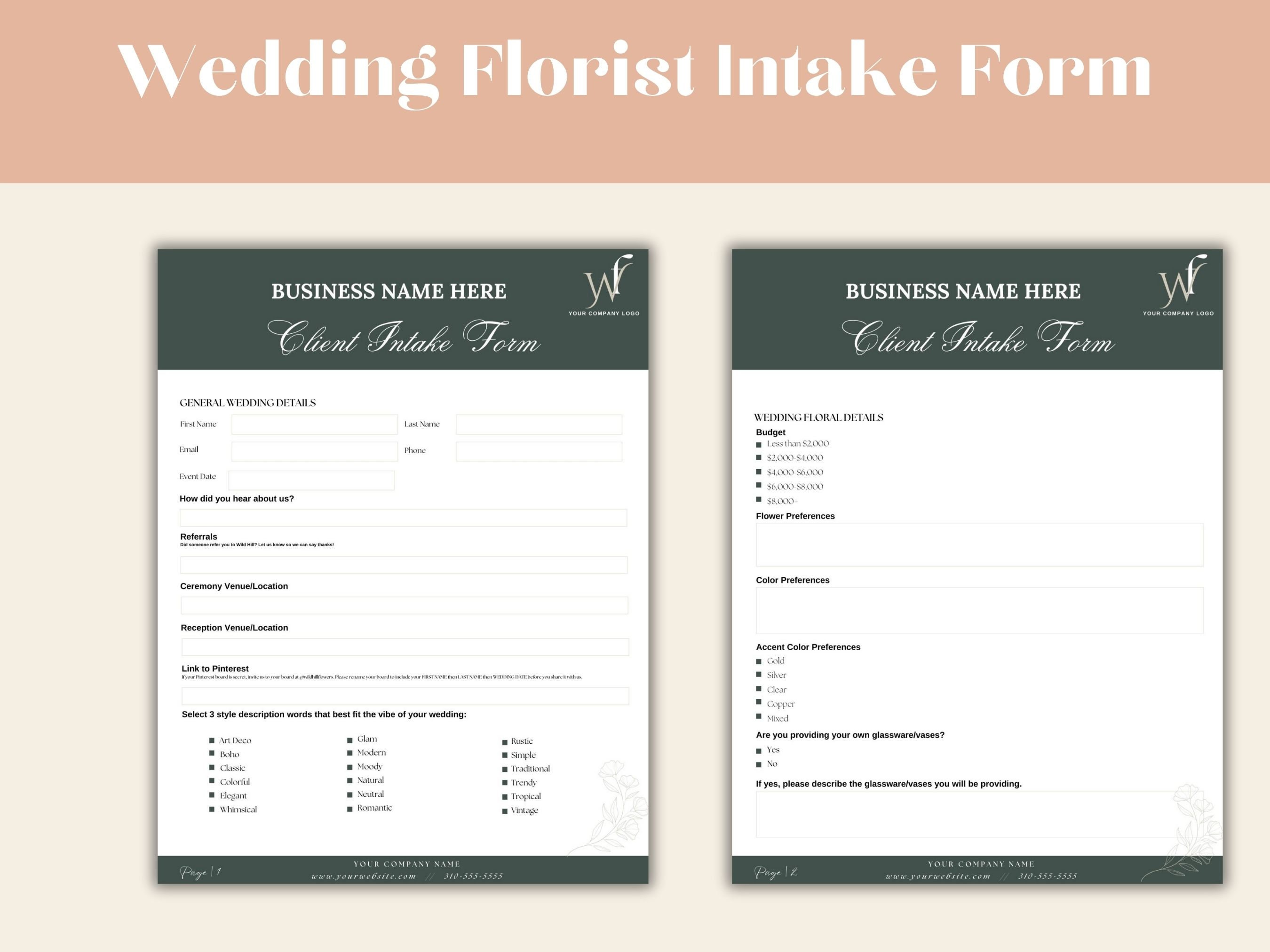 Florist Wedding Client Intake - Wedding Order Form, Florist Client Form ...