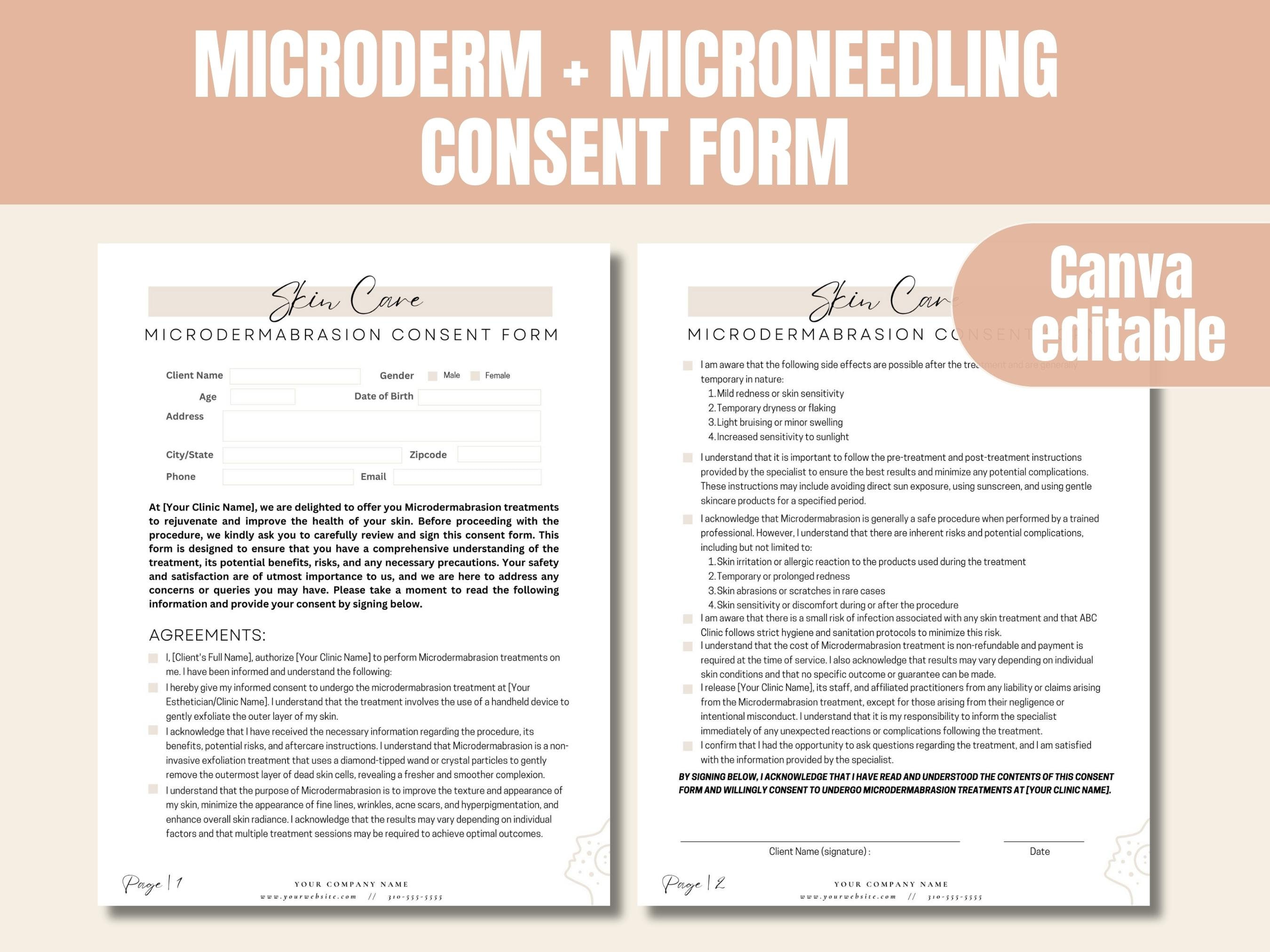 Microdermabrasion & Microneedling Consent Form, Esthetician Editable ...