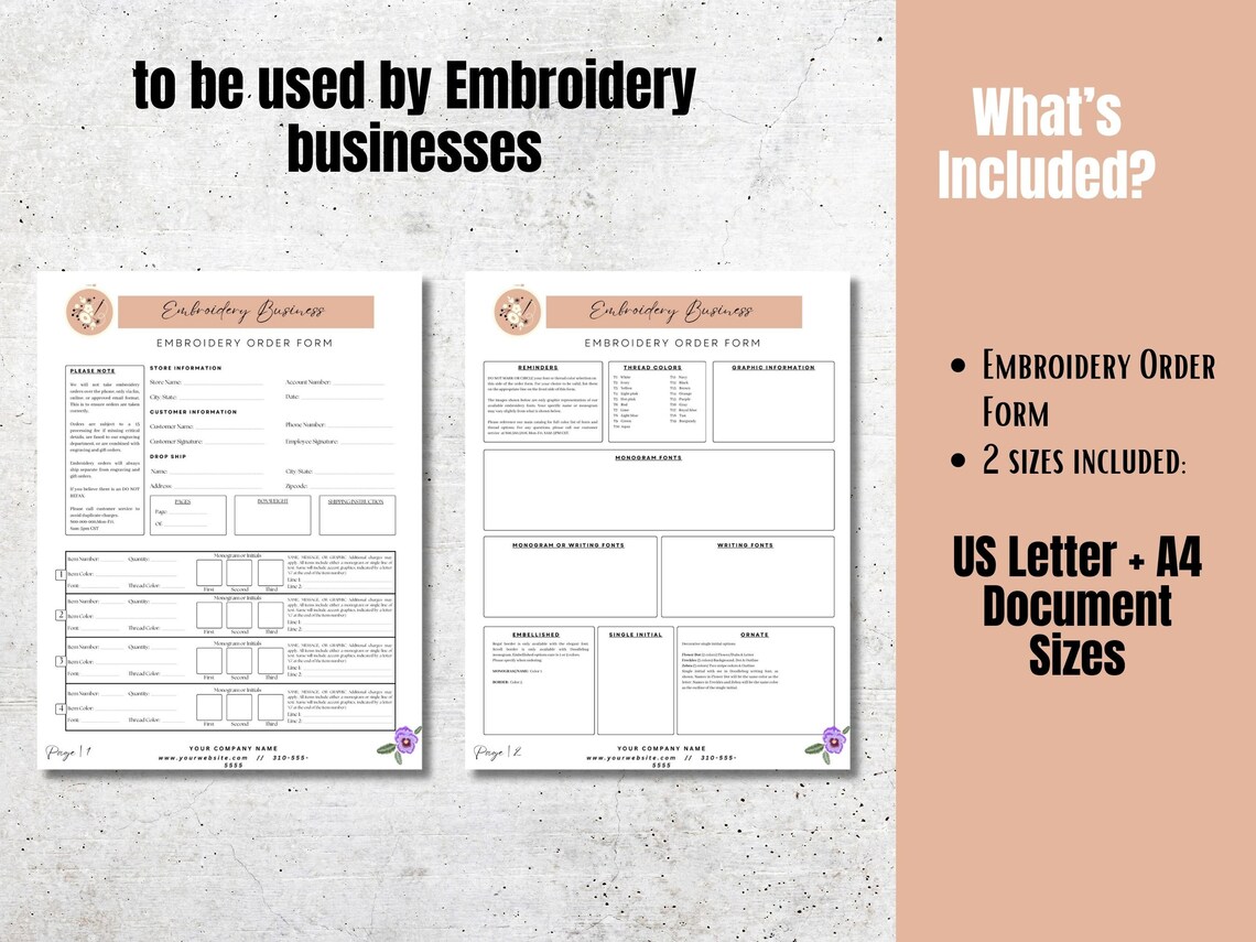 Embroidery Order Form, Small Business Order Form, Embroidery, Canva ...