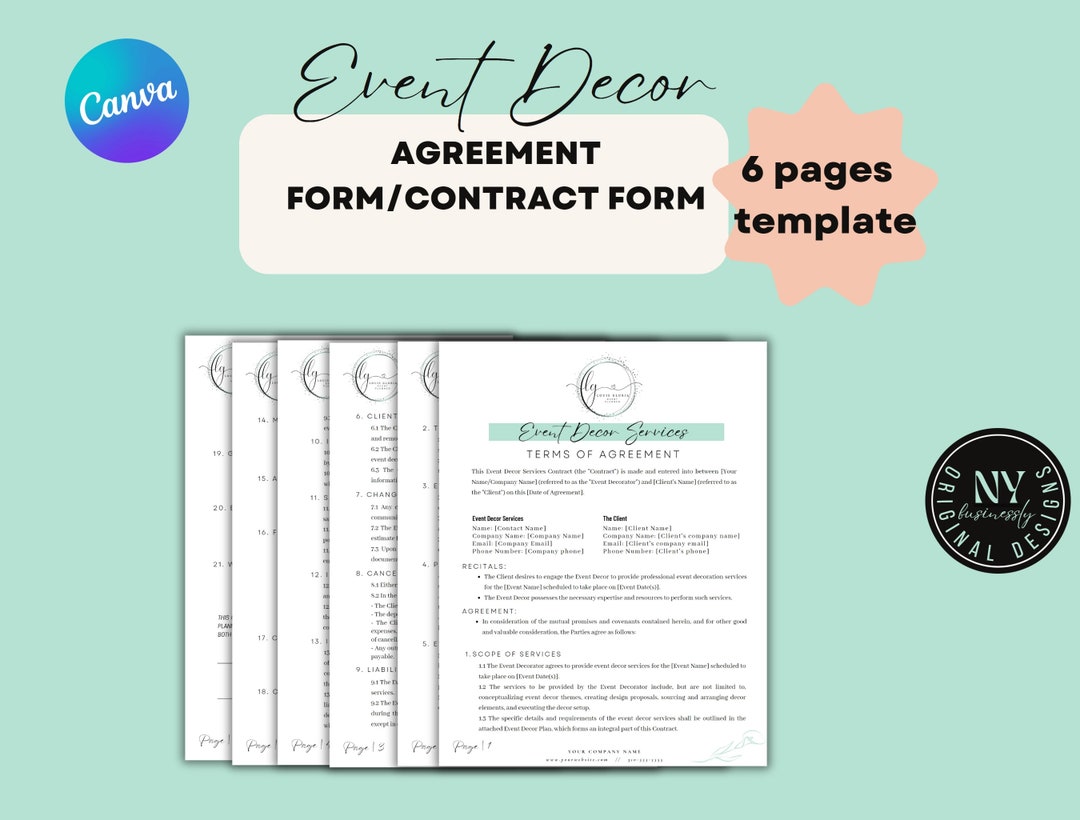 Event Decor Contract Form - Event Planner, Event Agreement, Service ...