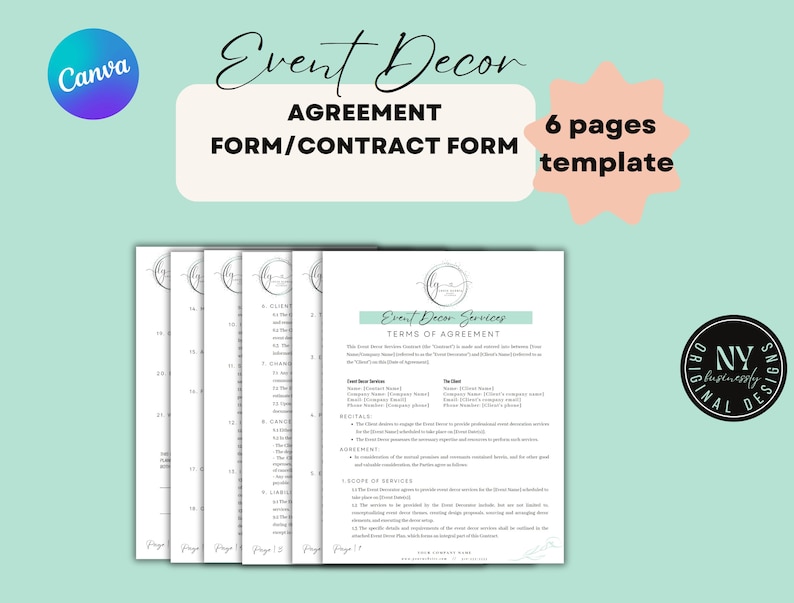 Event Decor Contract Form - Event Planner, Event Agreement, Service ...
