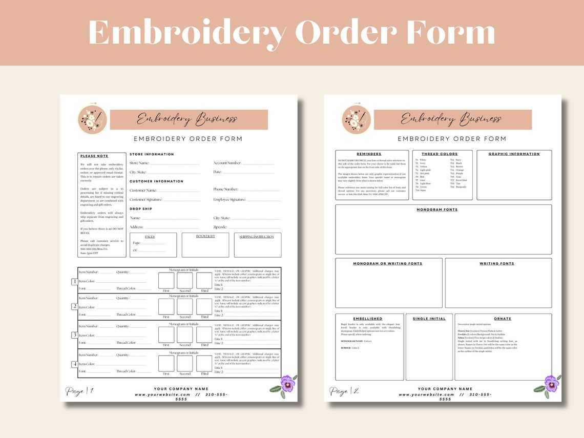 Embroidery Order Form, Small Business Order Form, Embroidery, Canva ...