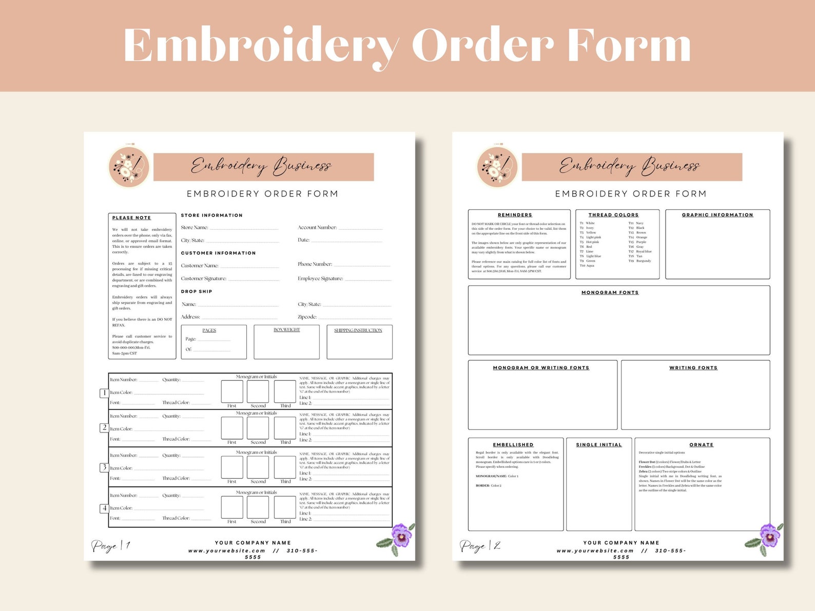 Embroidery Order Form, Small Business Order Form, Embroidery, Canva ...