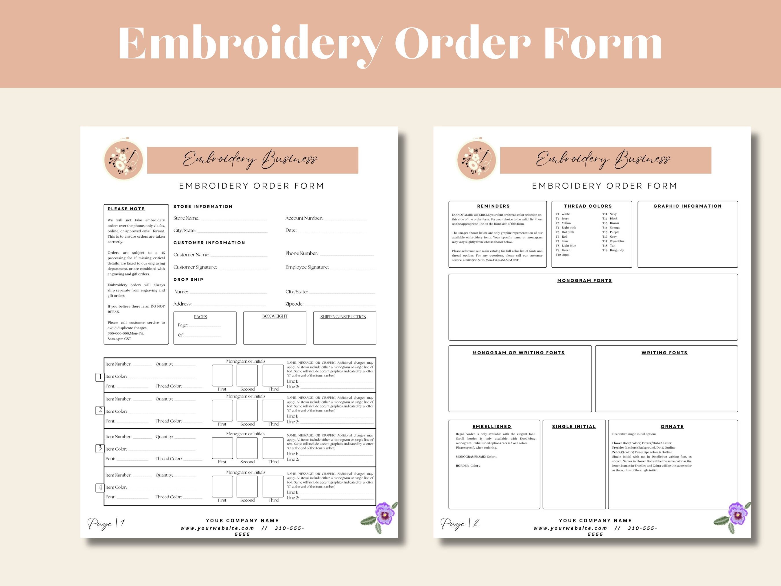 Embroidery Order Form, Small Business Order Form, Embroidery, Canva ...