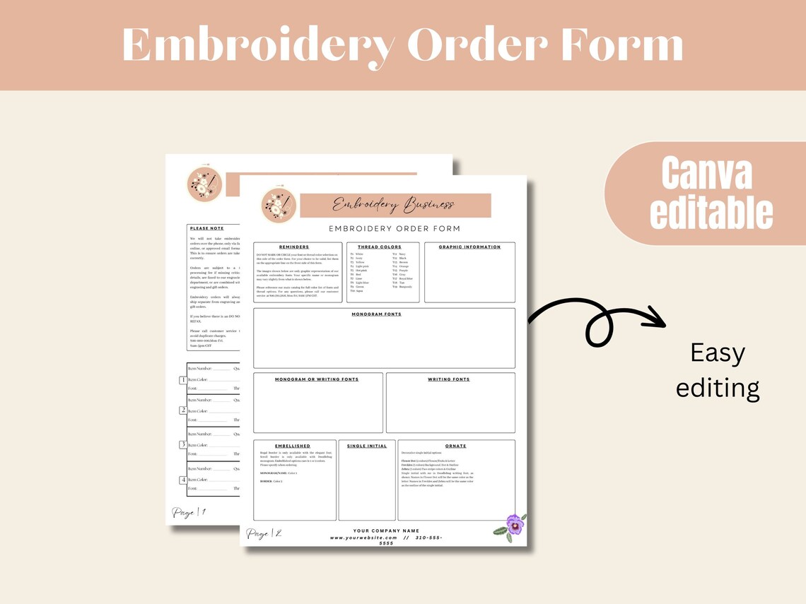 Embroidery Order Form, Small Business Order Form, Embroidery, Canva ...