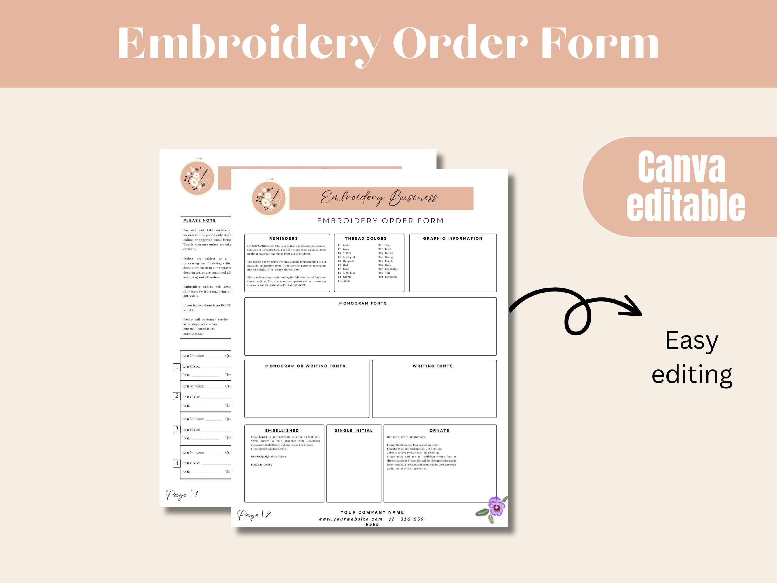 Embroidery Order Form, Small Business Order Form, Embroidery, Canva ...