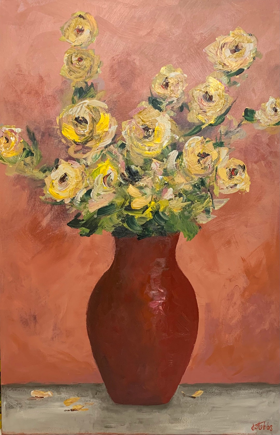 Original Floral Red Vase Painting Impressionist Yellow Flowers Artwork ...