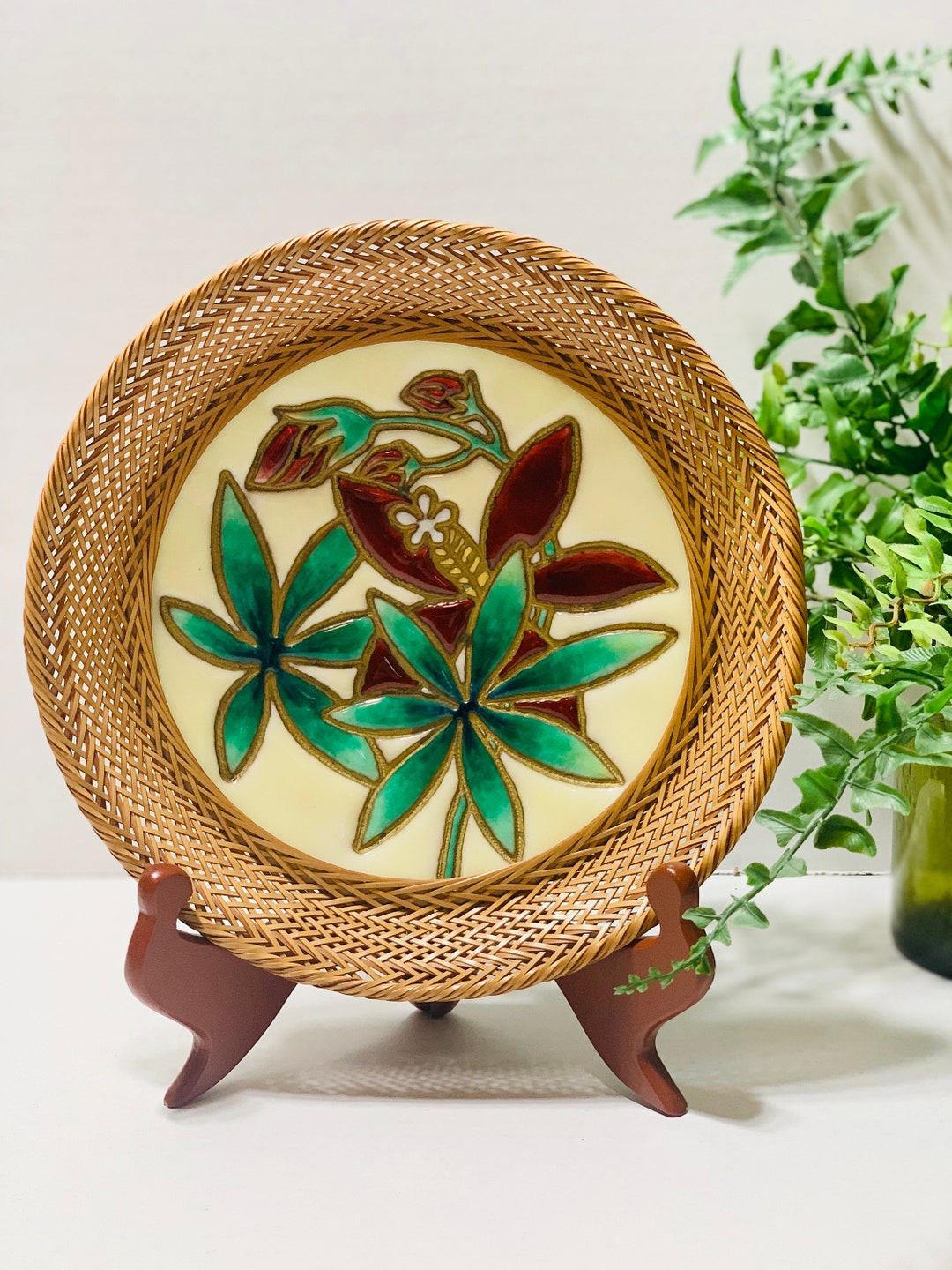 Vintage Rattan Woven Edged Decorative Plate Ceramicware Colorful Plate ...