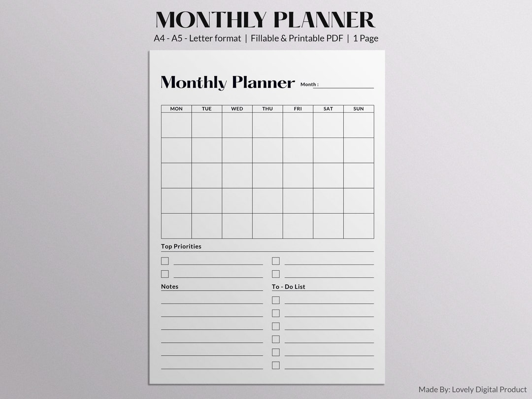 Minimalistic Monthly Planner Printable & Fillable, Monthly Schedule ...