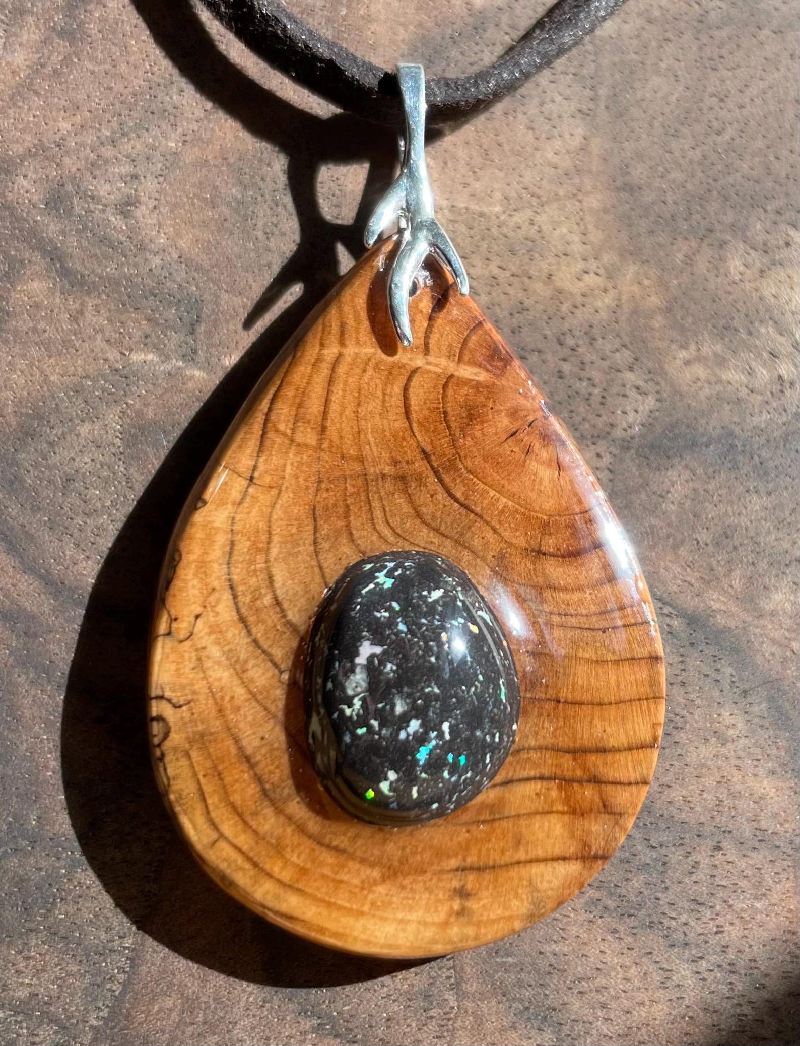 Gorgeous Spalted Rose Bush Rootwood Pendant With Mexican Leopard Opal ...