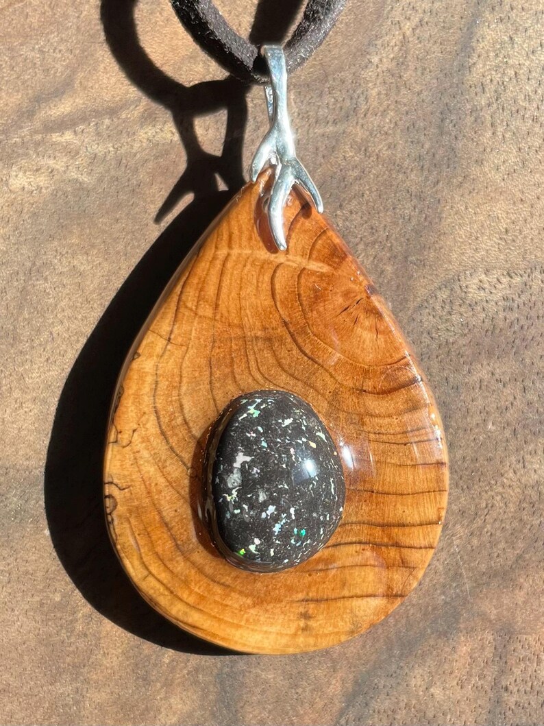 Gorgeous Spalted Rose Bush Rootwood Pendant With Mexican Leopard Opal ...