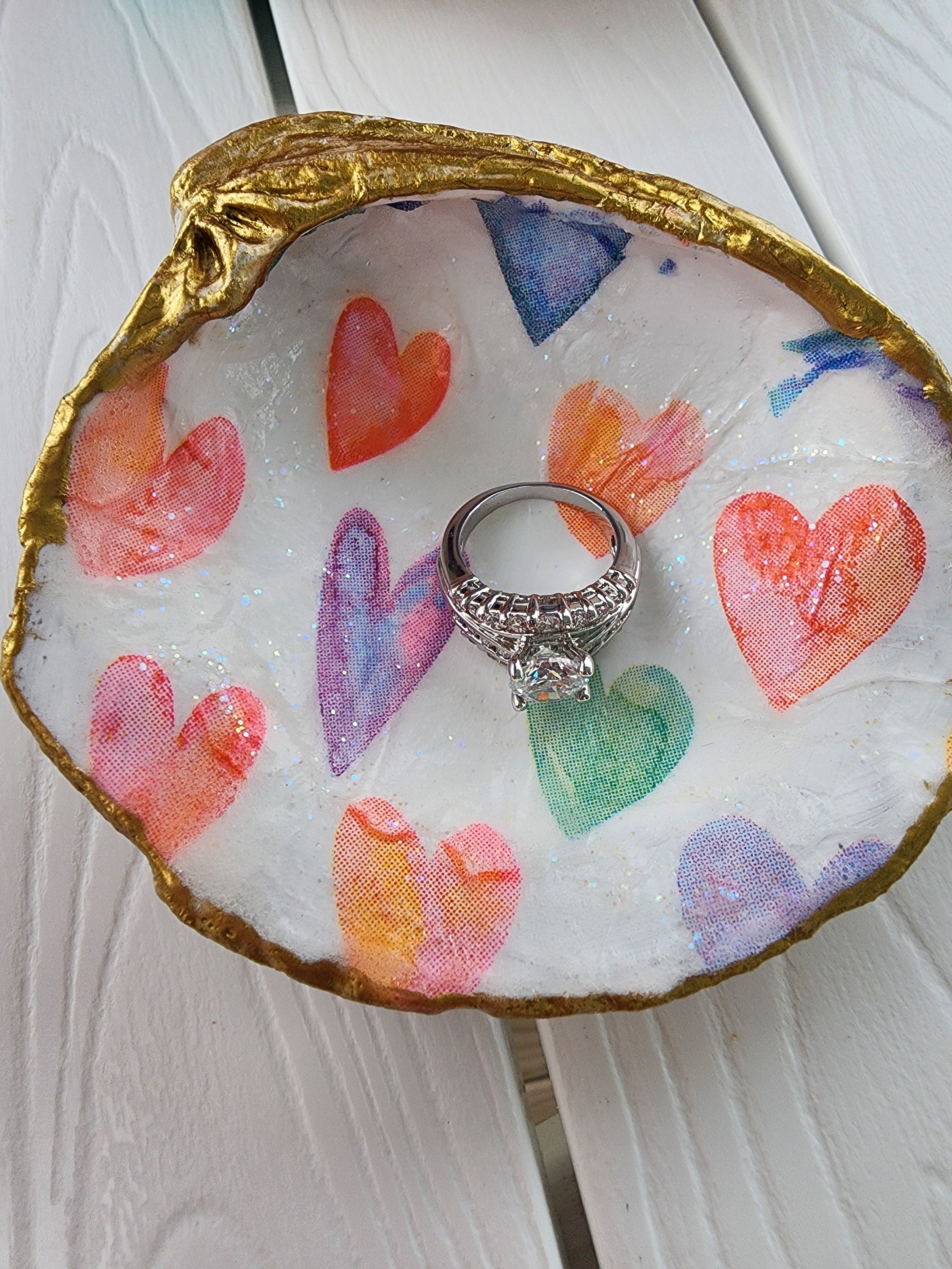 Heart Decoupage Clam Shell, Clam Shell Ring Dish, Seashell Jewelry ...