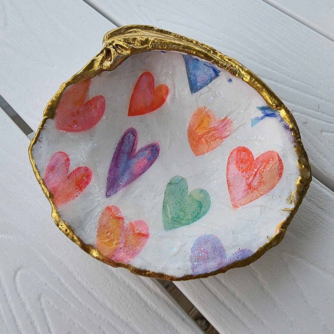 Heart Decoupage Clam Shell, Clam Shell Ring Dish, Seashell Jewelry ...