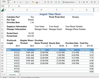 Monthly Timesheet Template for Microsoft Excel & Google Sheets green Track Hours Worked Dynamic ...