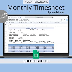 Monthly Timesheet Template for Google Sheets blue Track Hours Worked ...