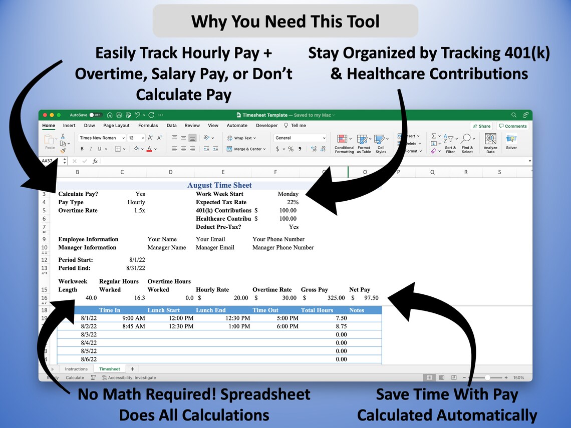 Enhanced Monthly Timesheet Template for Microsoft Excel & Google Sheets ...