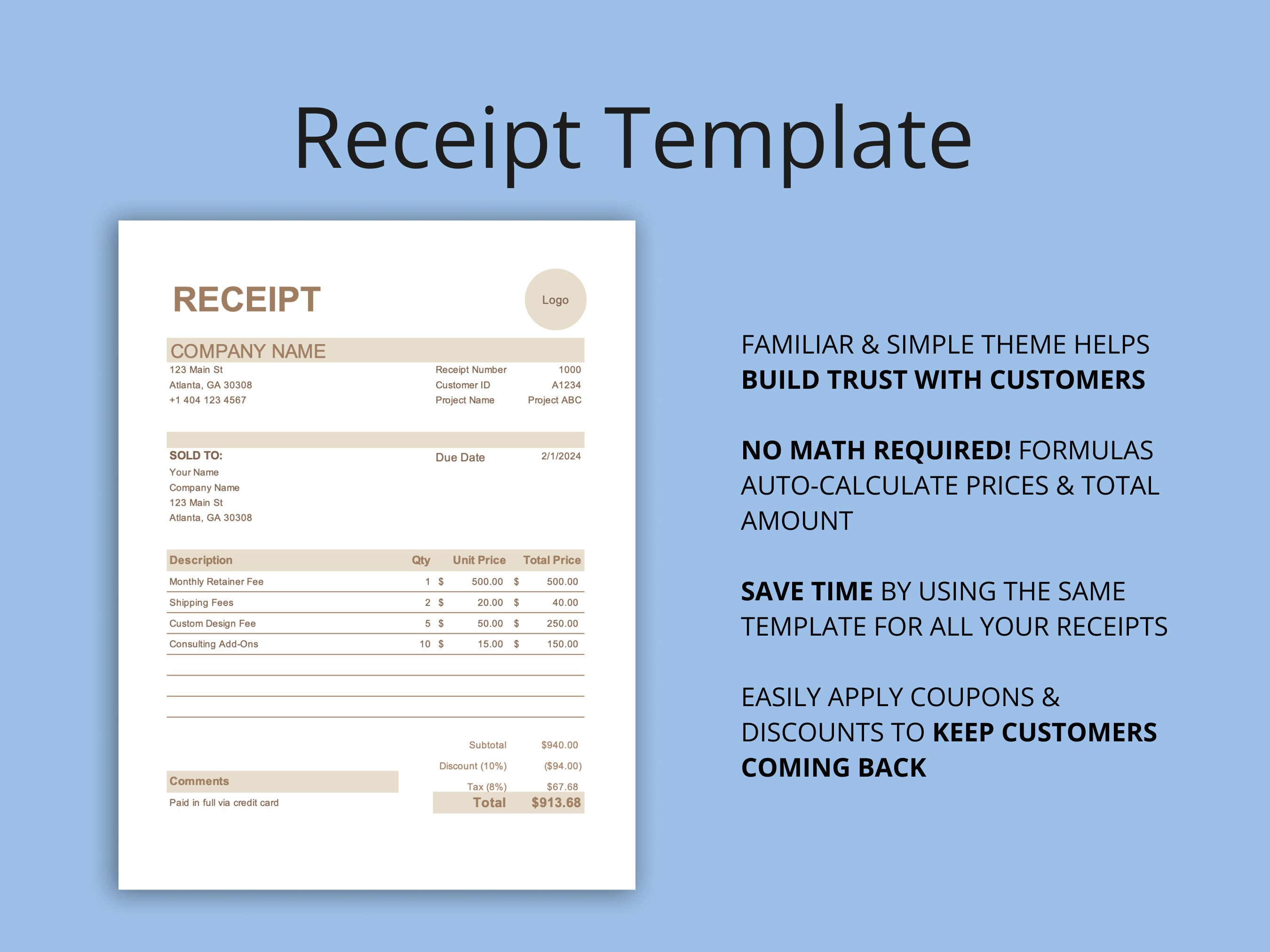 Invoice & Receipt Templates for Microsoft Excel/google Sheets Business ...