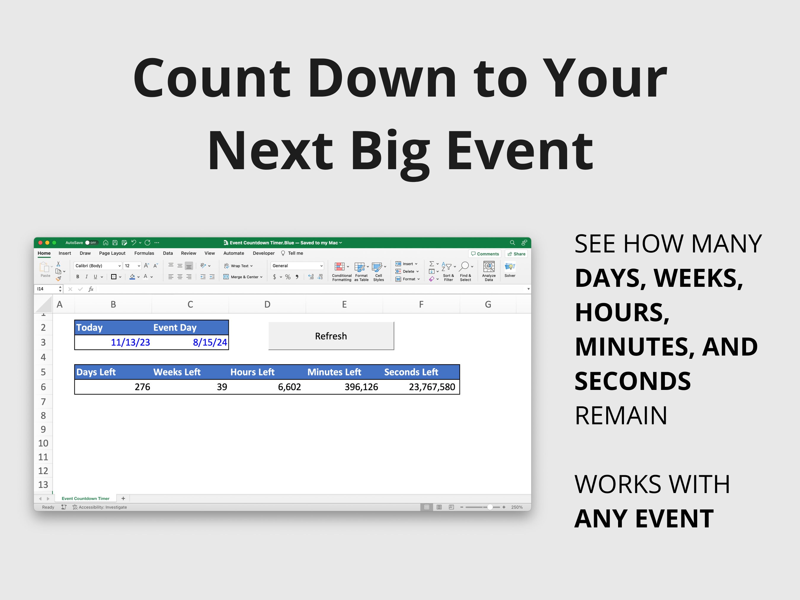 Event Countdown Timer for Microsoft Excel - Countdown Timer Spreadsheet, Event Tracker, Time ...