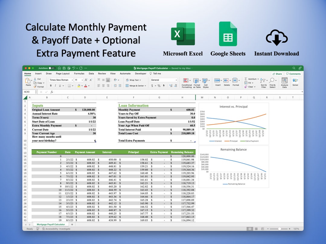 Early Mortgage Payoff Calculator Spreadsheet (green) - Mortgage Tracker ...