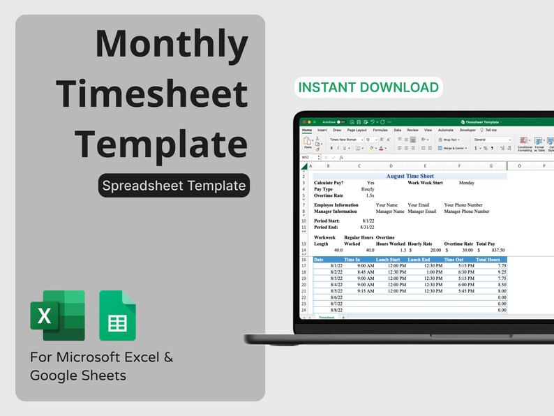 Monthly Timesheet Template for Microsoft Excel & Google Sheets blue ...