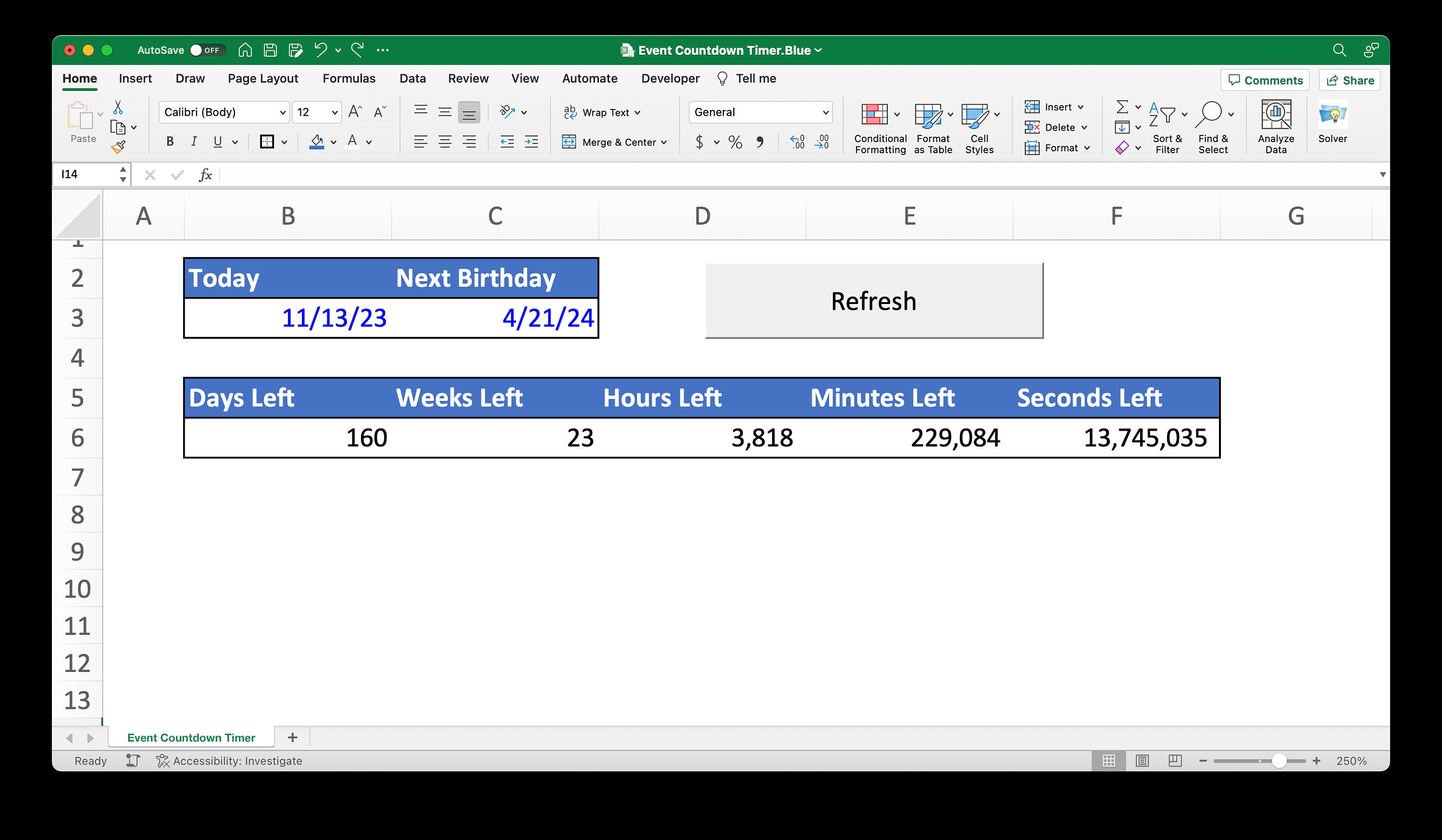 Event Countdown Timer for Microsoft Excel Countdown Timer Spreadsheet ...