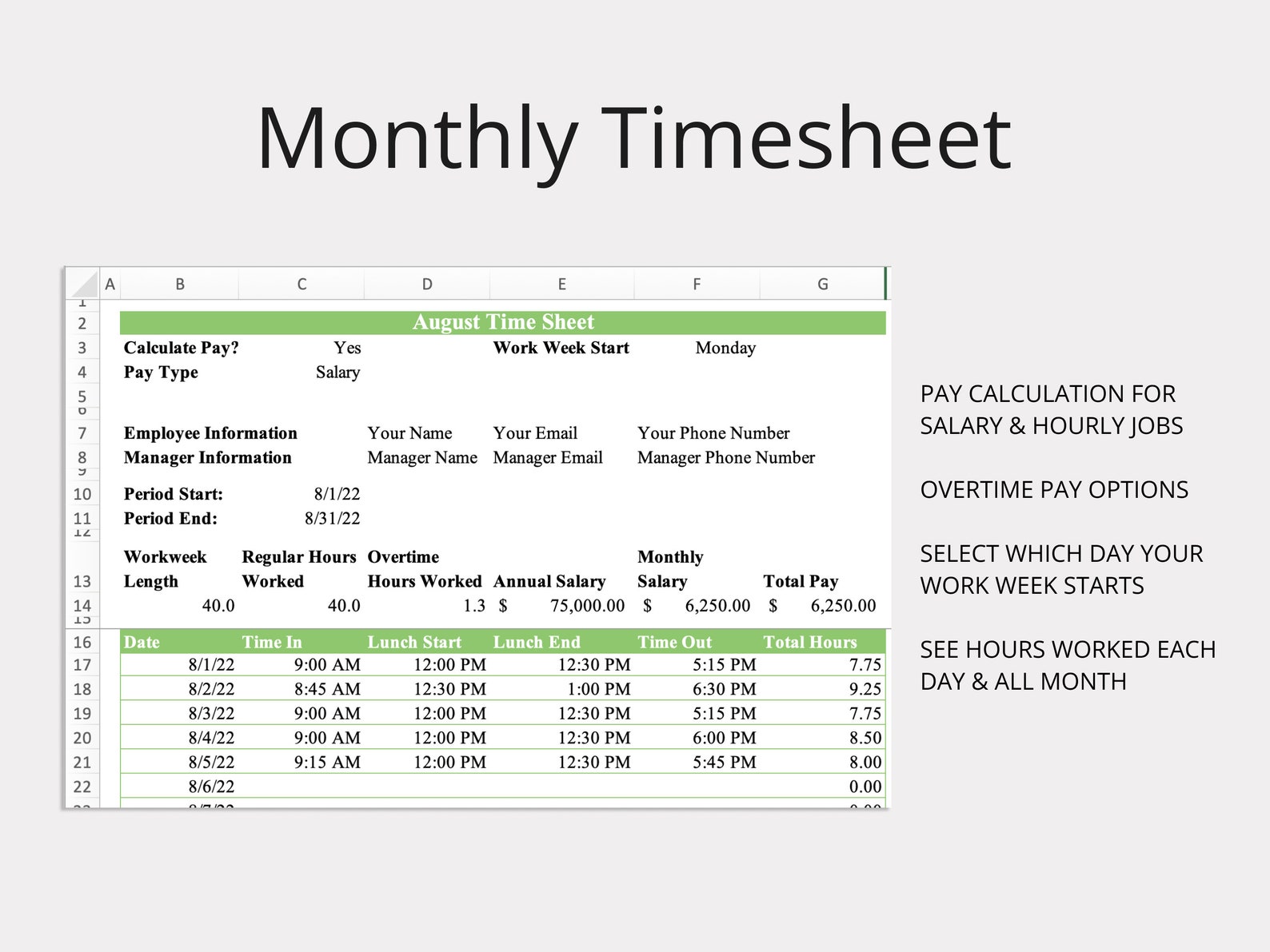 Timesheet Template for Microsoft Excel & Google Sheets green Track ...