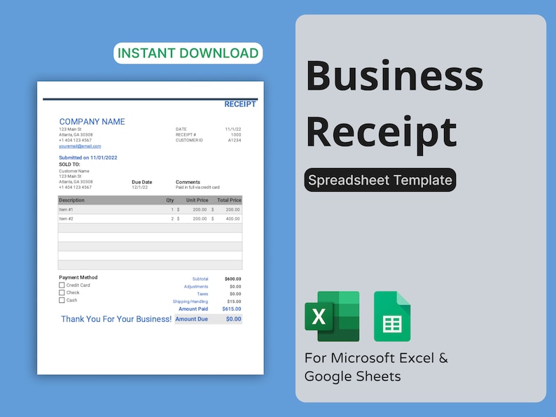 Business Receipt Template for Microsoft Excel & Google Sheets (blue ...