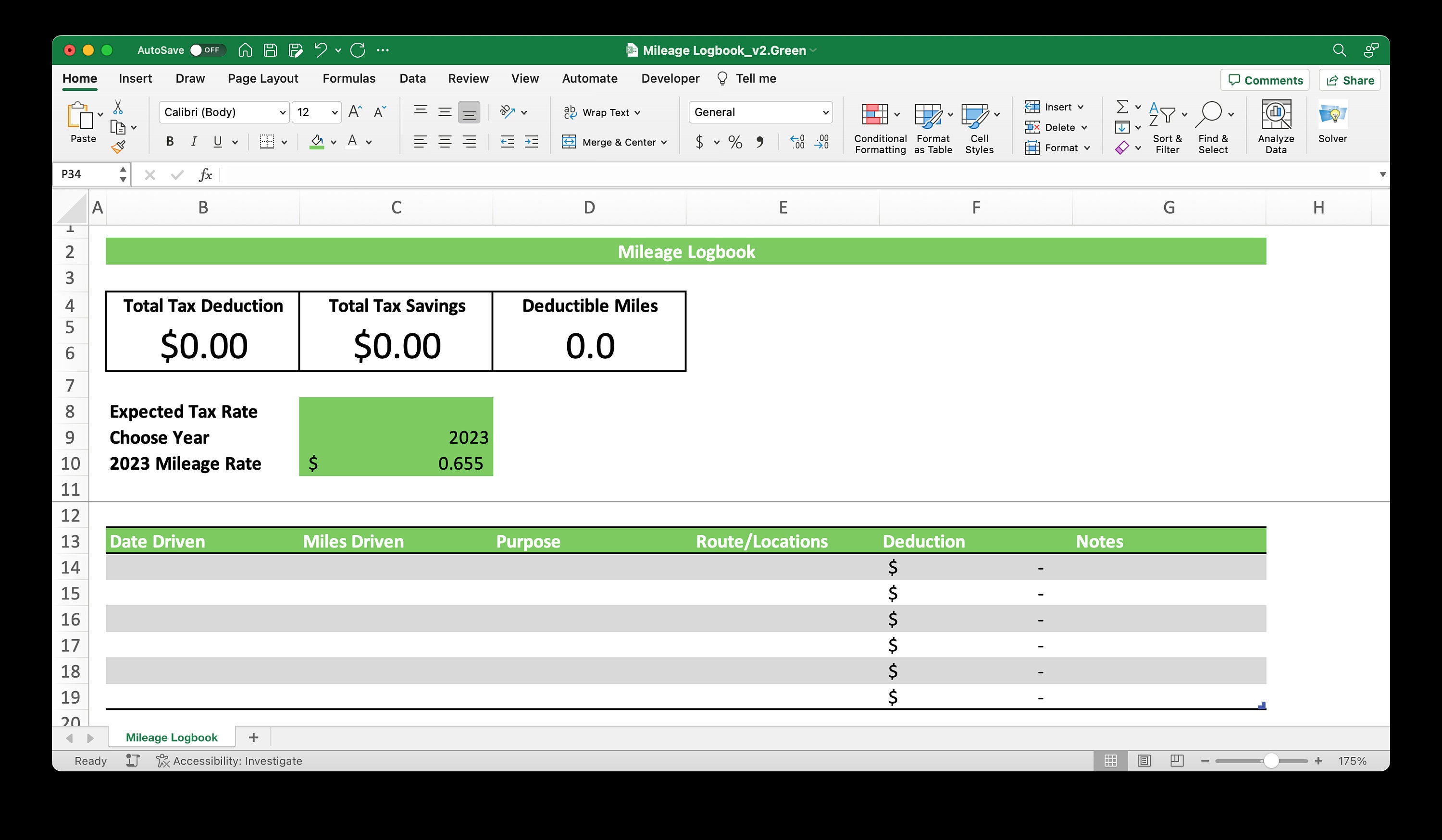 Mileage Logbook Tracker Template green for Microsoft Excel & Google ...