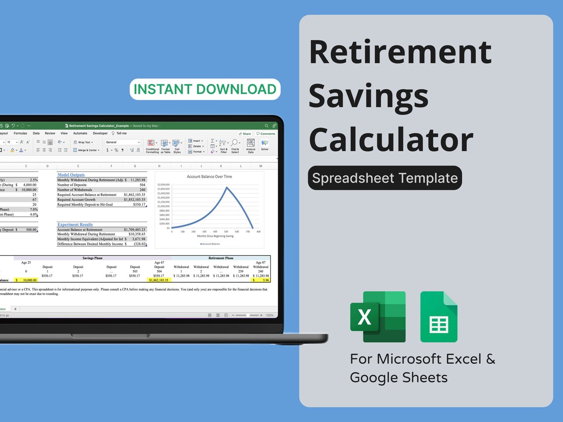 Retirement Savings Calculator for Microsoft Excel & Google Sheets (blue ...